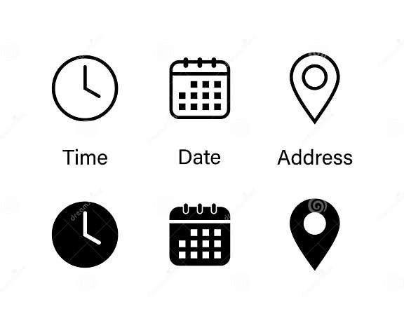 Date, Time, Location Address Icon Set. Clock, Calendar, Location Pin ...