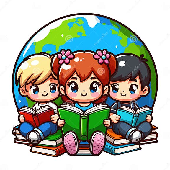 Illustration of Global Reading: Kids, Books, and Planet Earth Stock ...