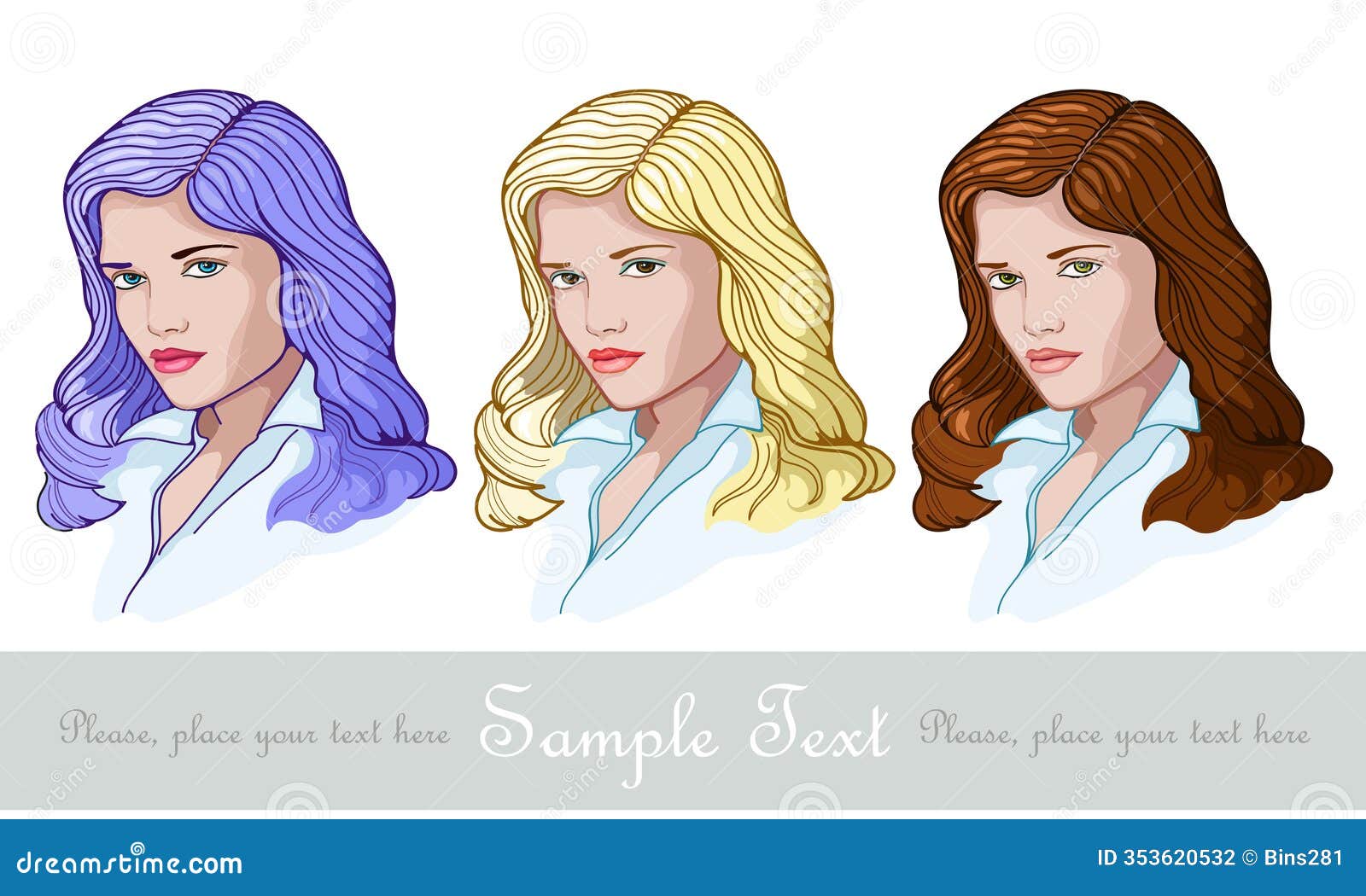 Three Women, Drawing by Vector. Blond , Brunette, Violet Hair Stock ...