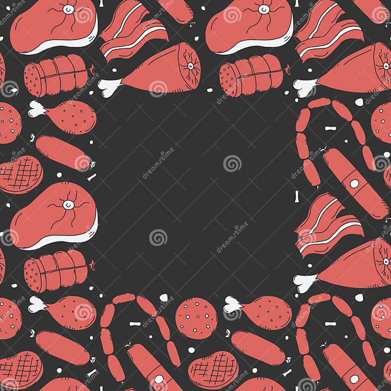 Meat Frame. Doodle Meat Background with Place for Text. Vector ...