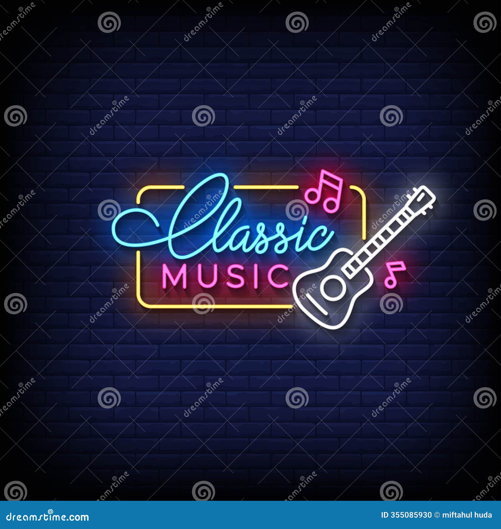 Classic Music Neon Sign with Brick Wall Background Vector Stock ...