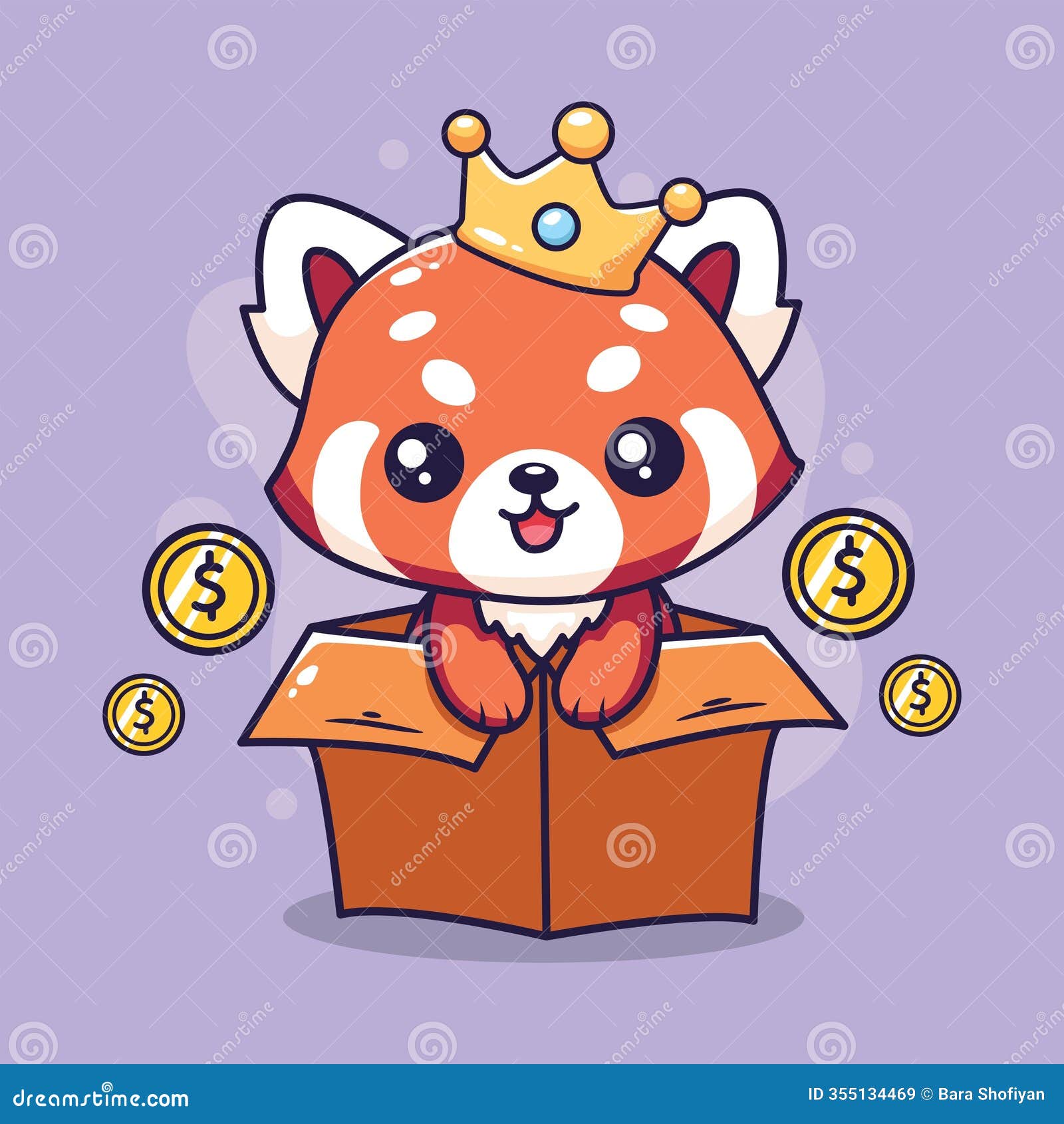 Cute Cartoon Red Panda with Crown and Box . Vector Illustration Stock ...