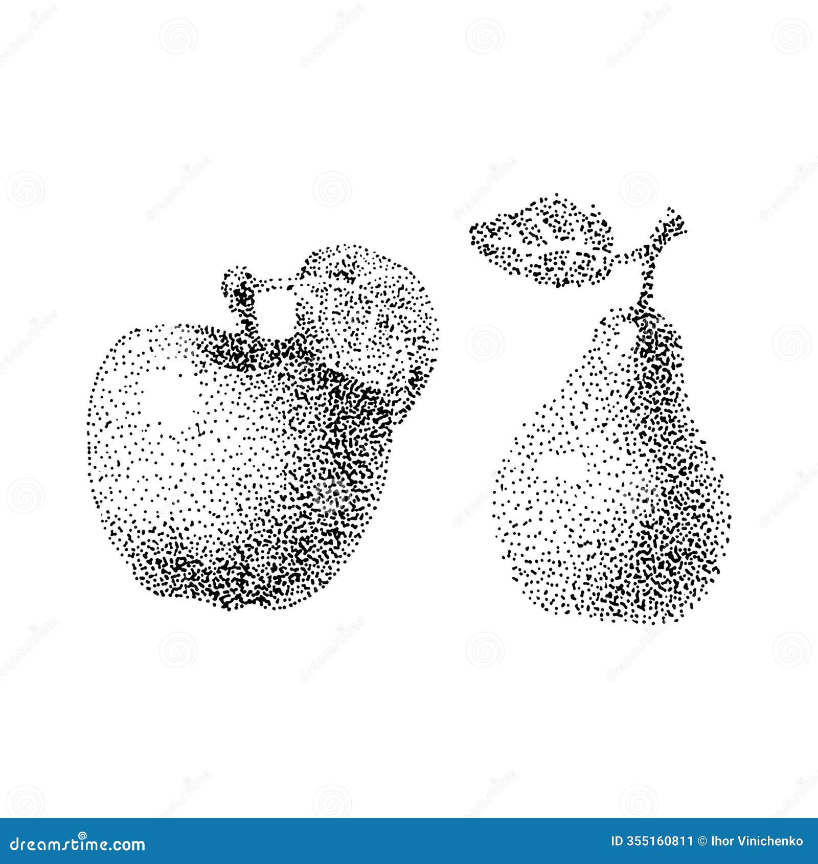 Set of Fruits Using Pointillism Technique. Apple and Pear Drawn with ...