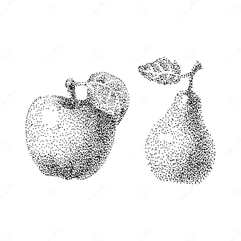 Set of Fruits Using Pointillism Technique. Apple and Pear Drawn with ...