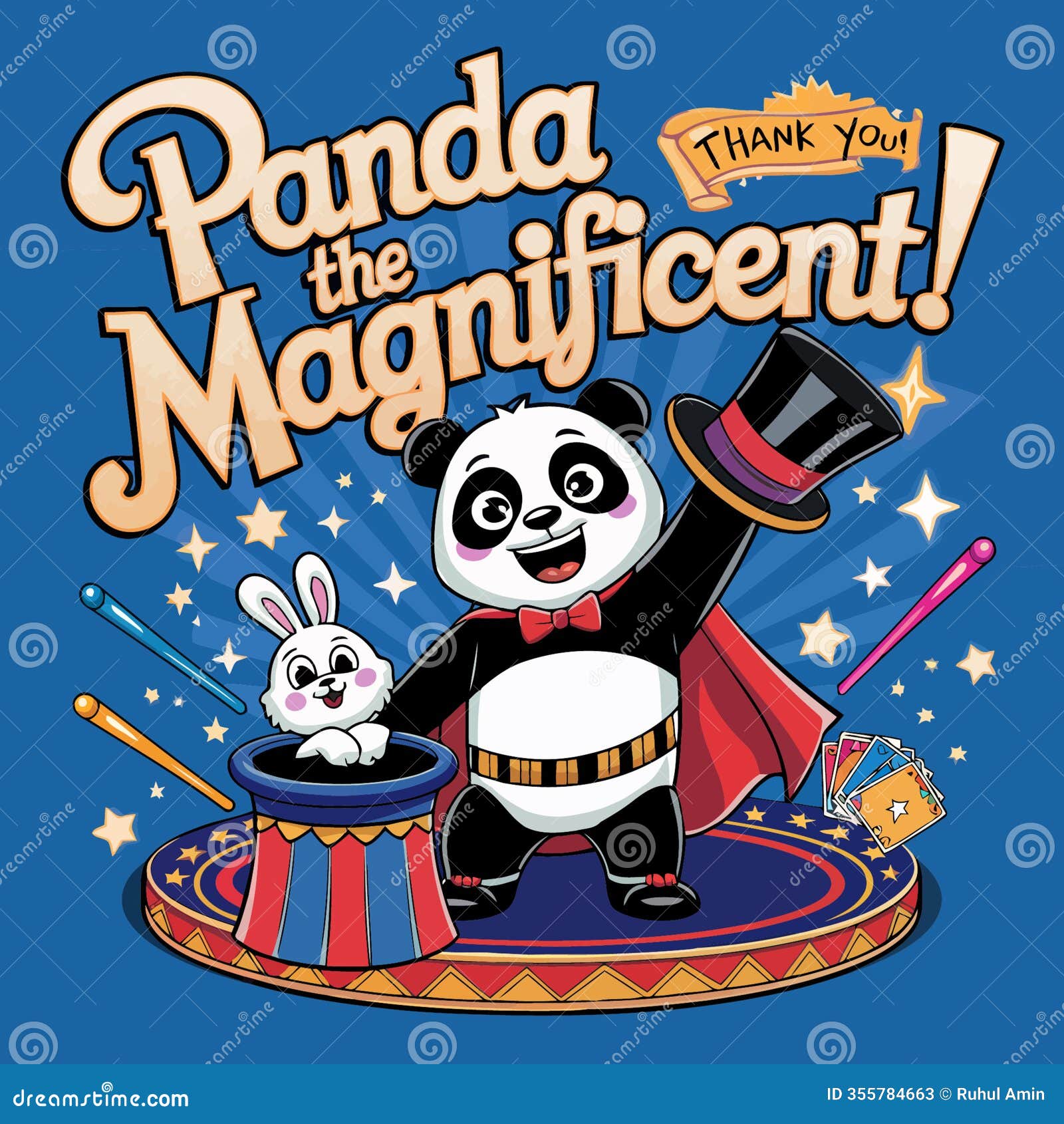 Playful Panda Magician Performing with Magic Hat and Rabbit on Stage ...