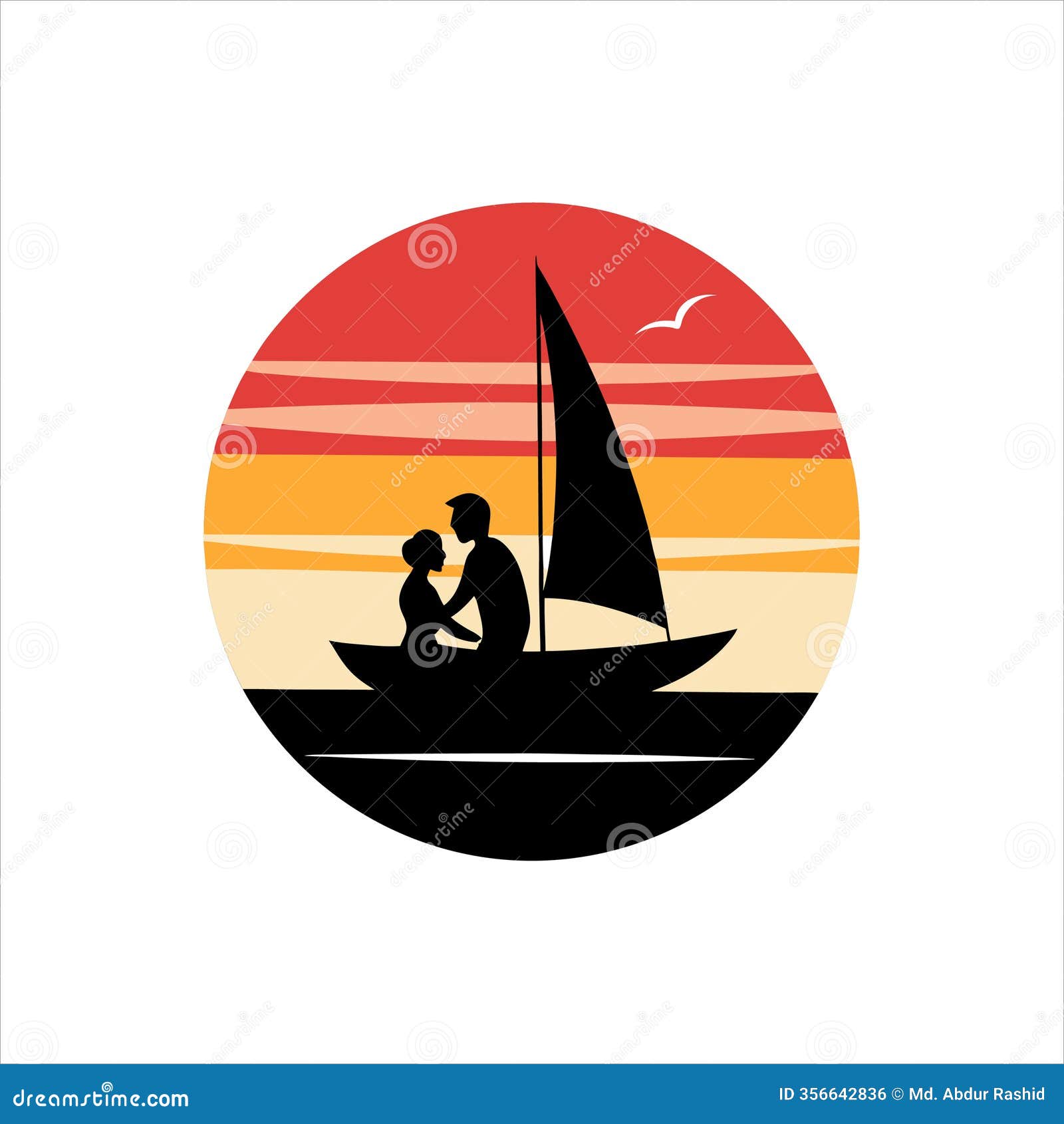 Retro Catamaran Silhouette with Romantic Couple Scene Stock ...
