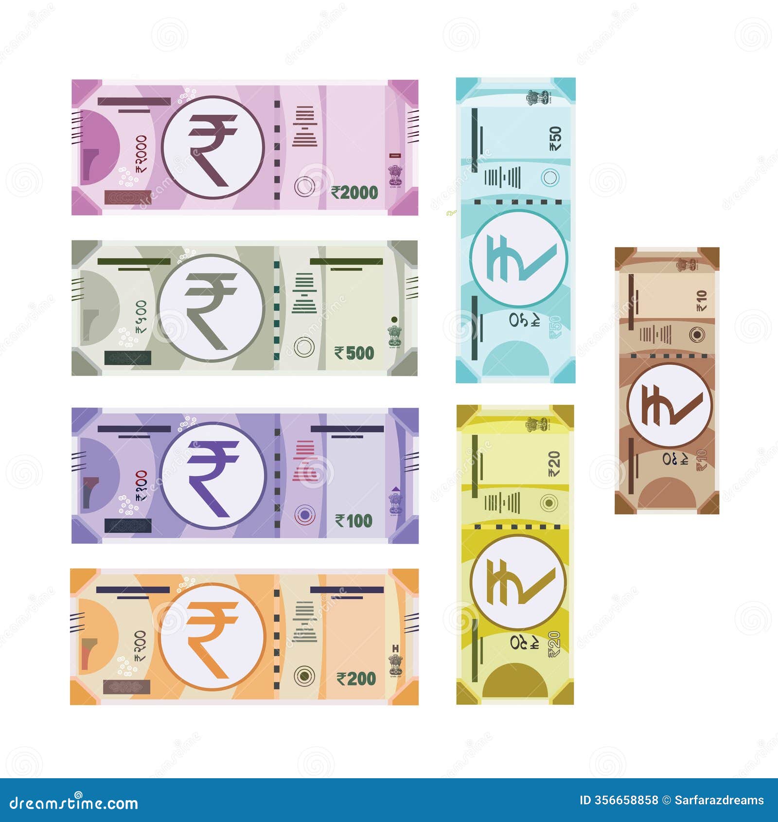 Indian Currency Note 10 To 2000 Rupee Vector Illustration Stock Vector ...