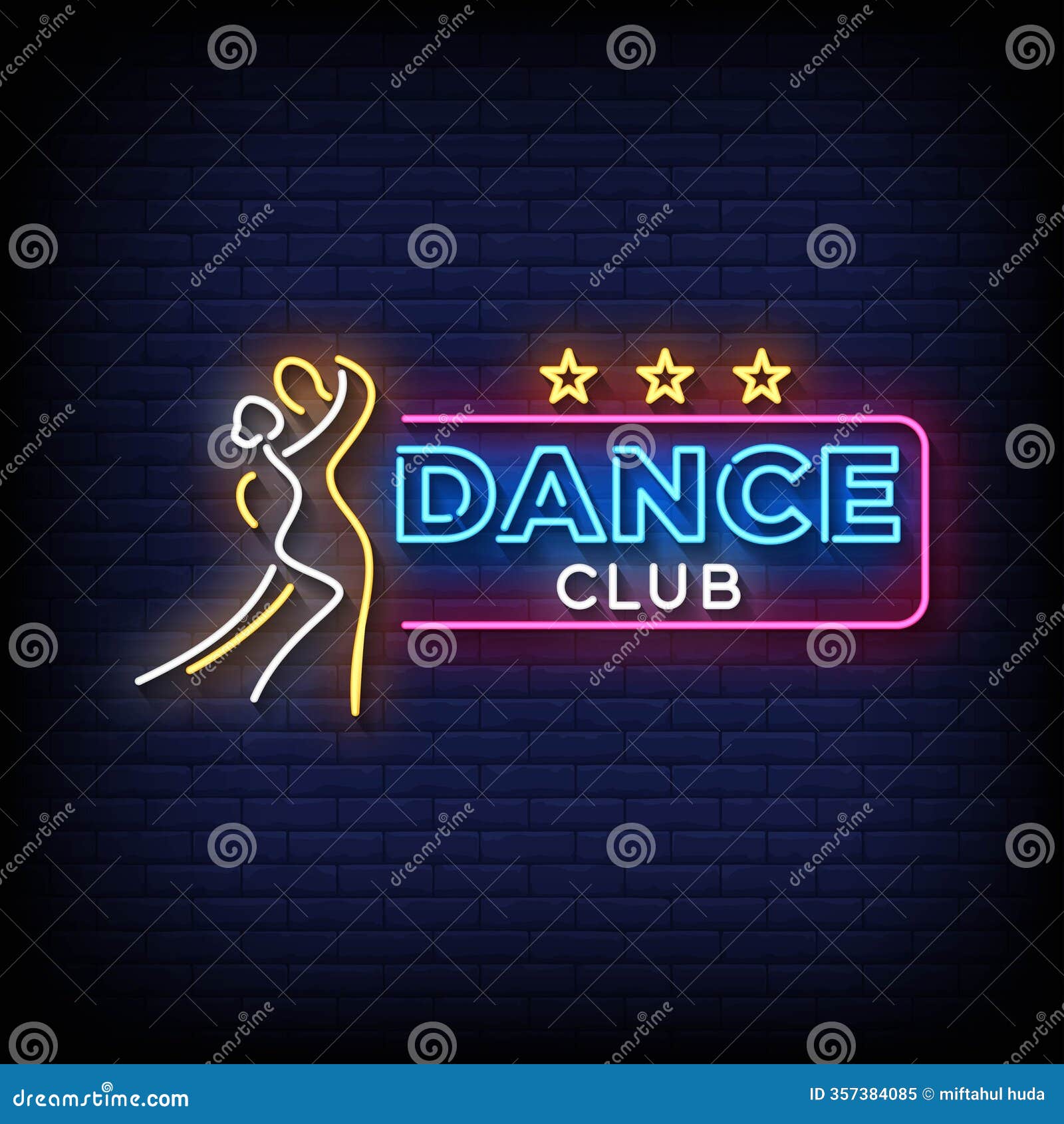 Dance Club Neon Sign with Brick Wall Background Vector Stock ...