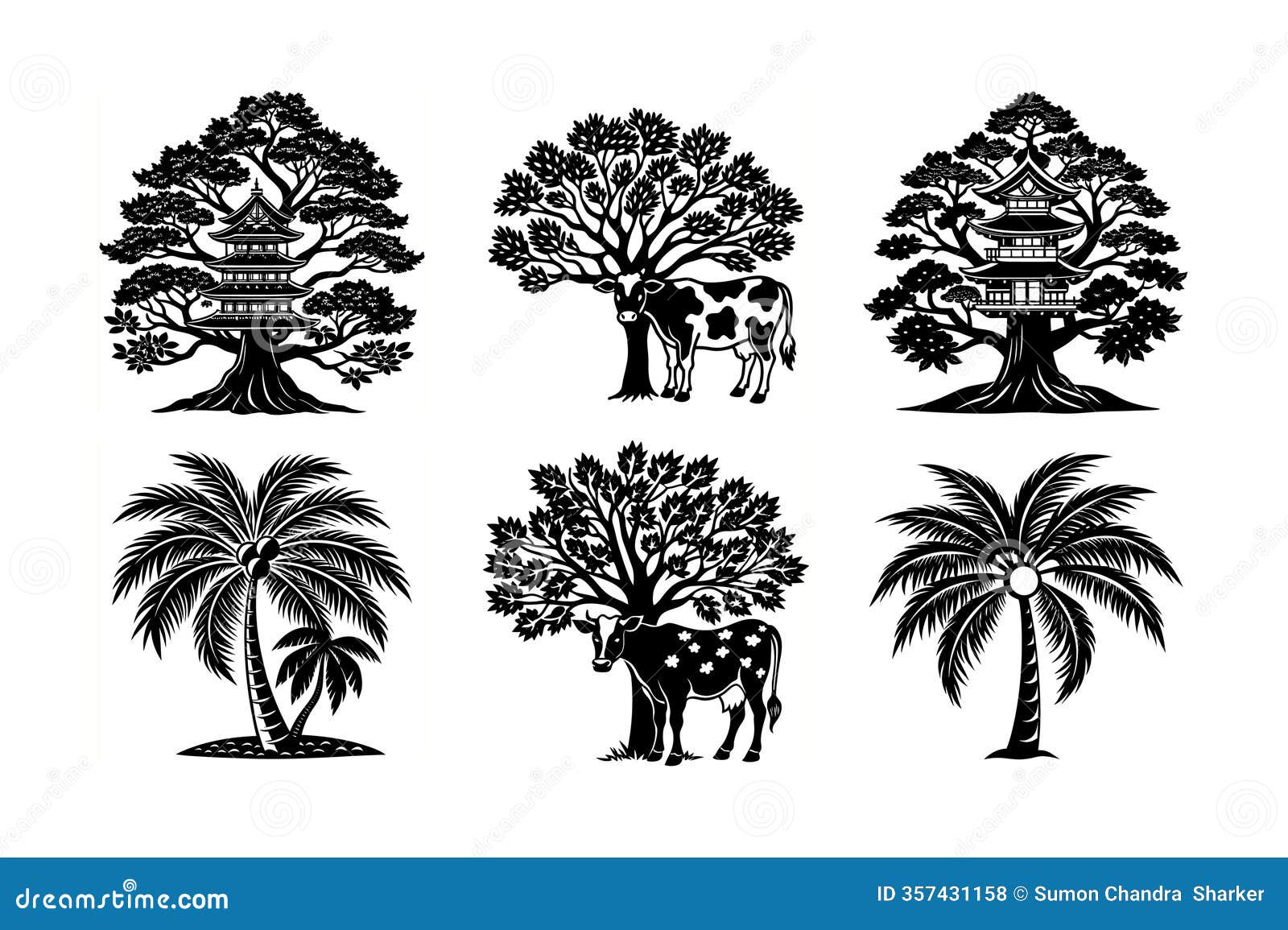 Set of Cow Tree, Japanese Pagoda Tree, and Coconut Tree Silhouette ...