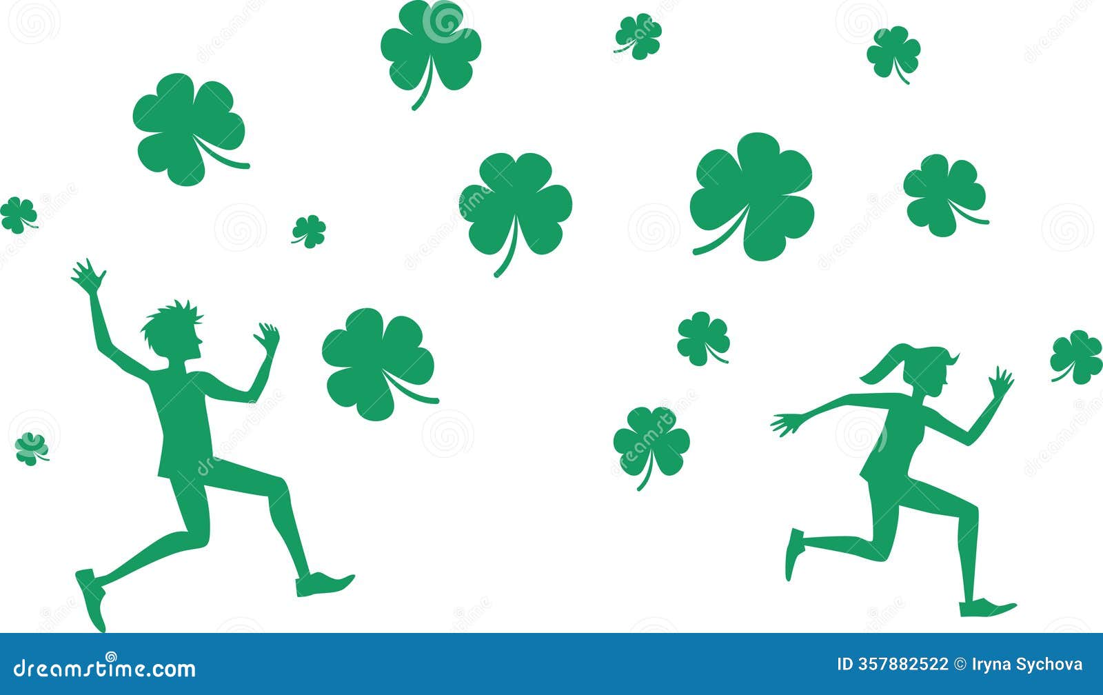 Happy and Joyful Young People Running among Flying Clover Leaves. St ...