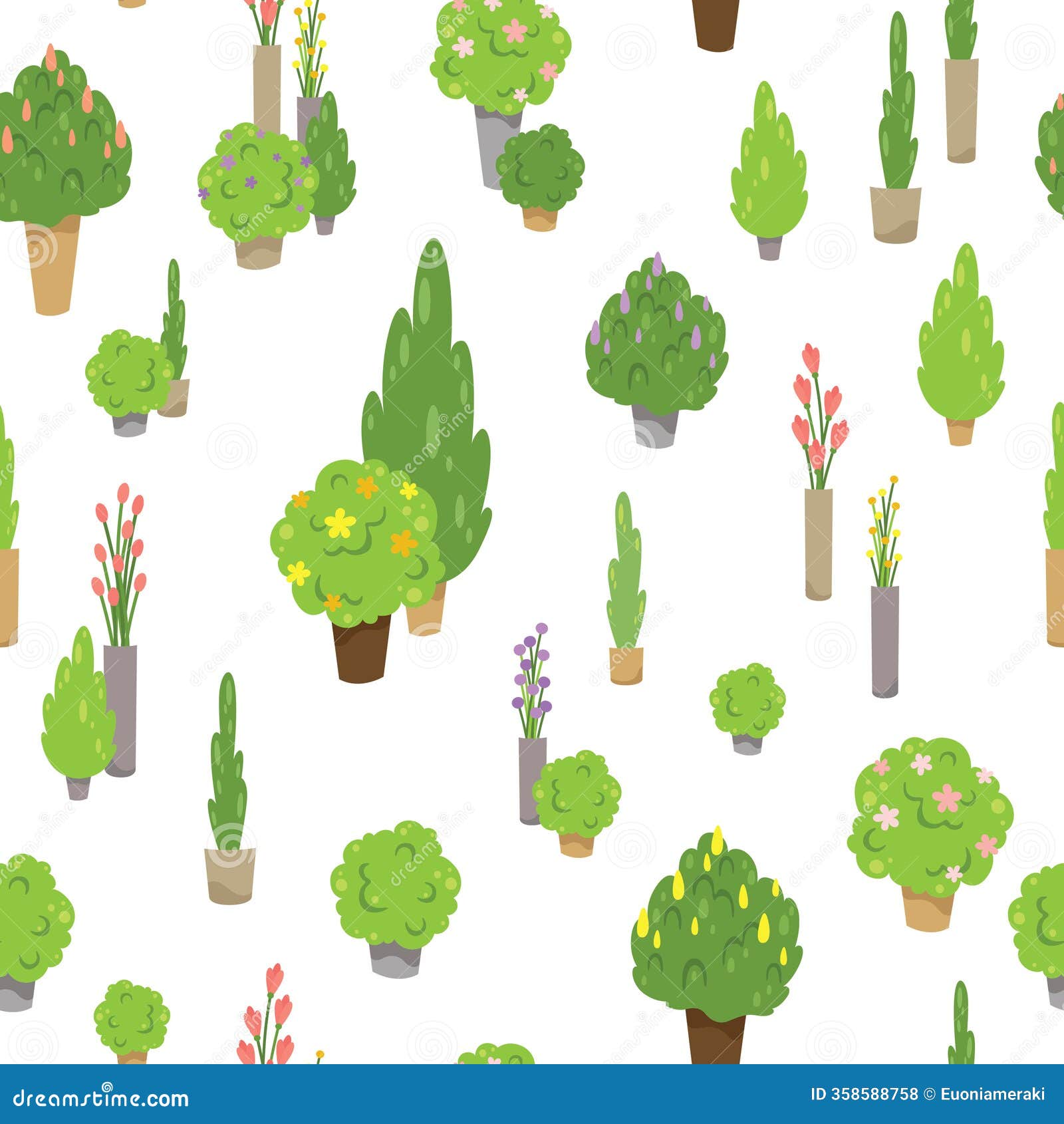 Potted Plants Seamless Pattern In 2d Vector Illustration Style For ...