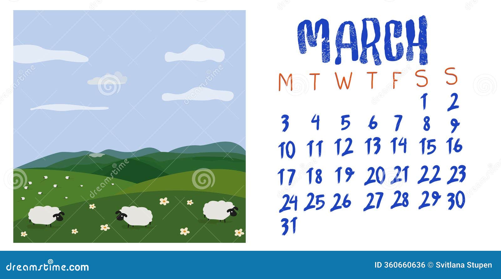 Horizontal Printable Vector Calendar March 2025 Stock Vector ...