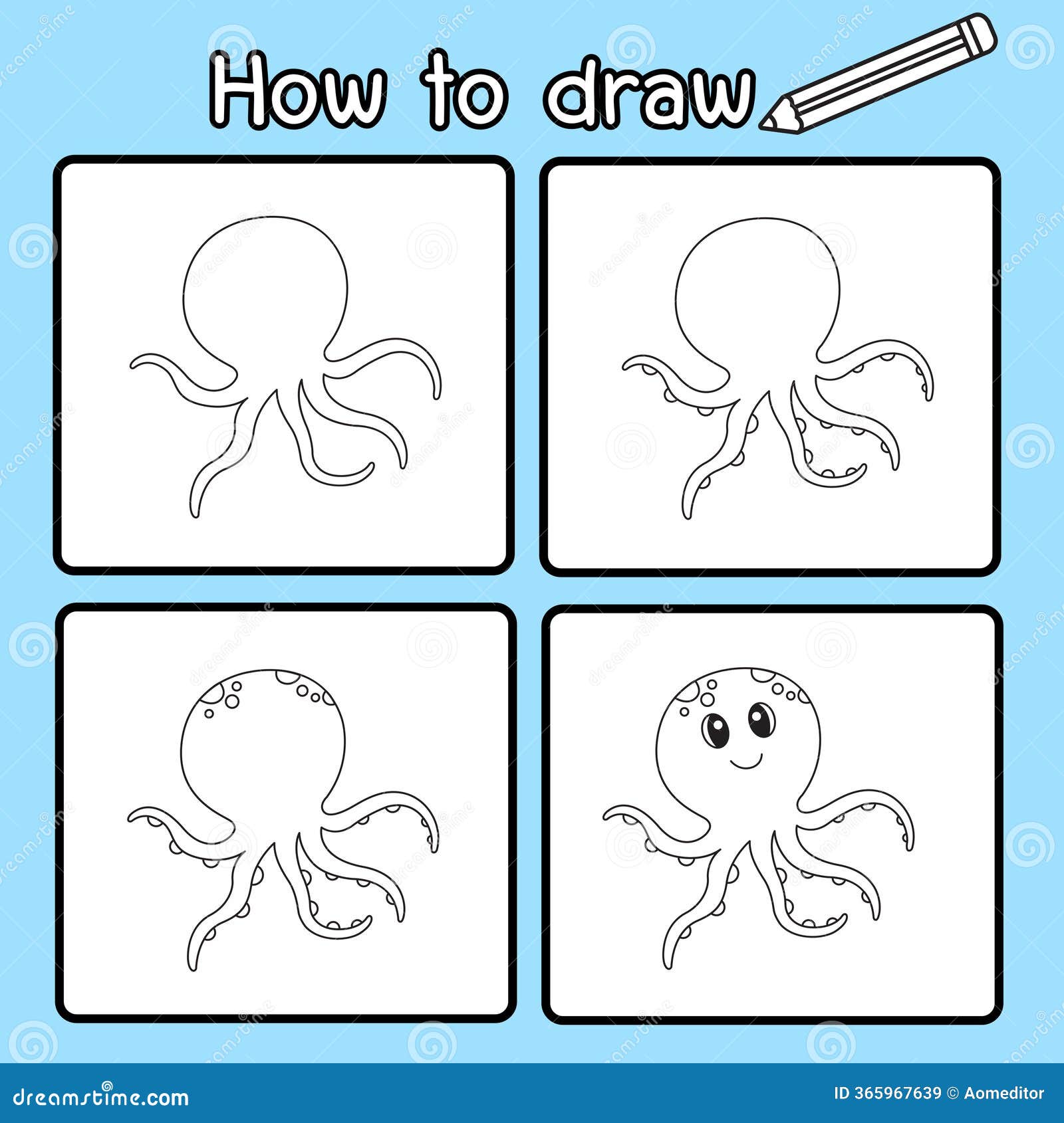 How To Draw Octopus For Children. Step By Step Drawing Tutorial Cartoon ...