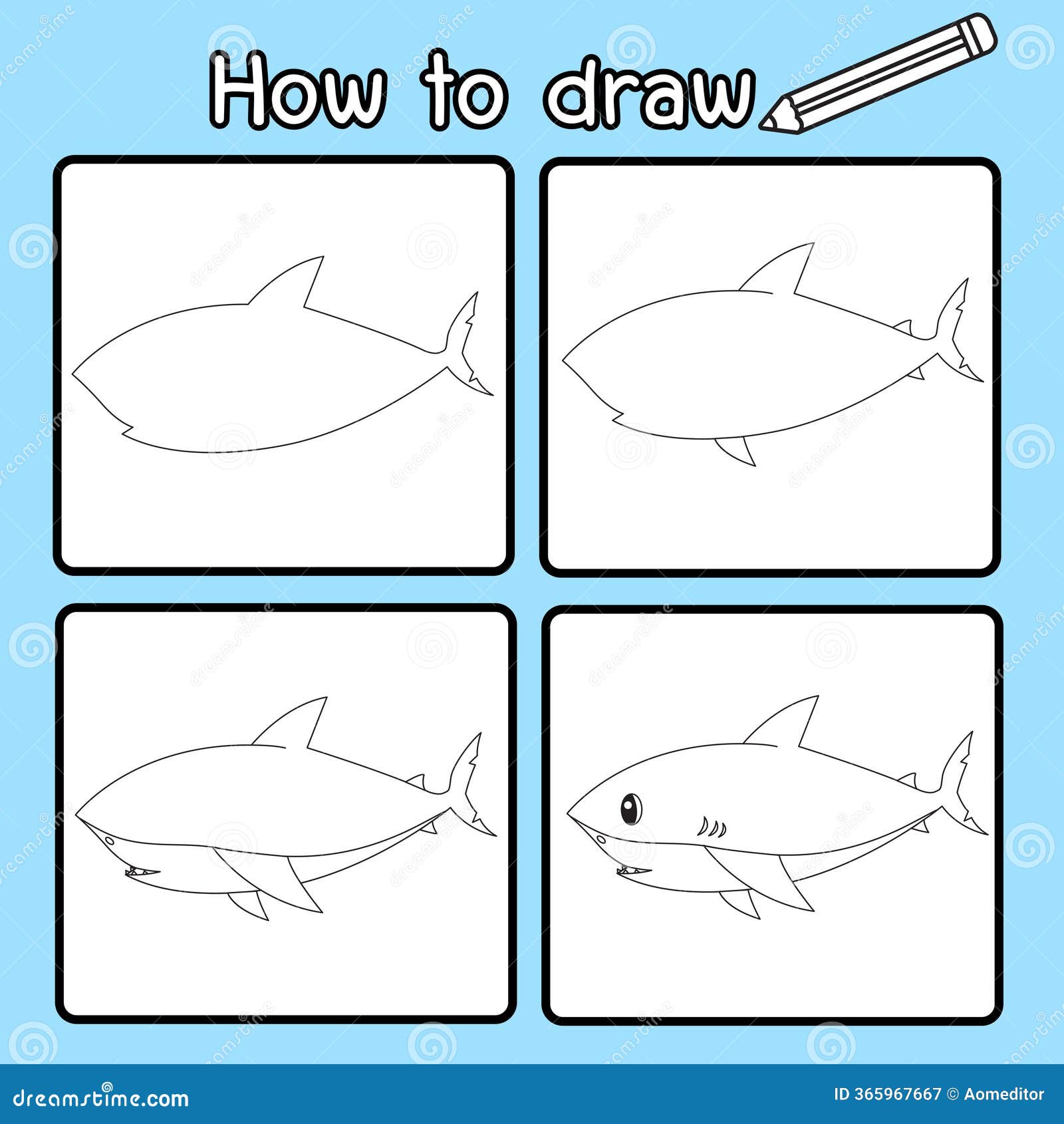 How To Draw A Shark. Step By Step Drawing Lesson For Kids. Cartoon ...