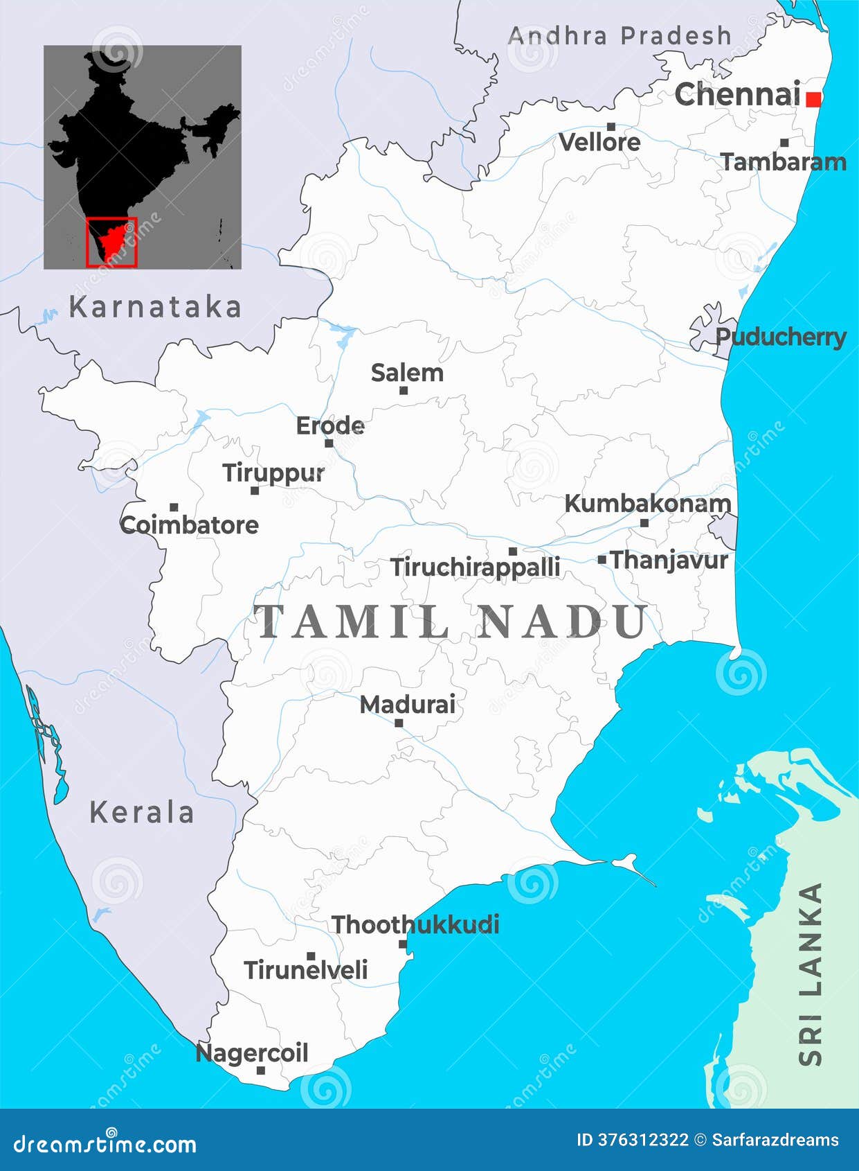 Coimbatore District Tamil Nadu State, Republic Of India Map Vector ...