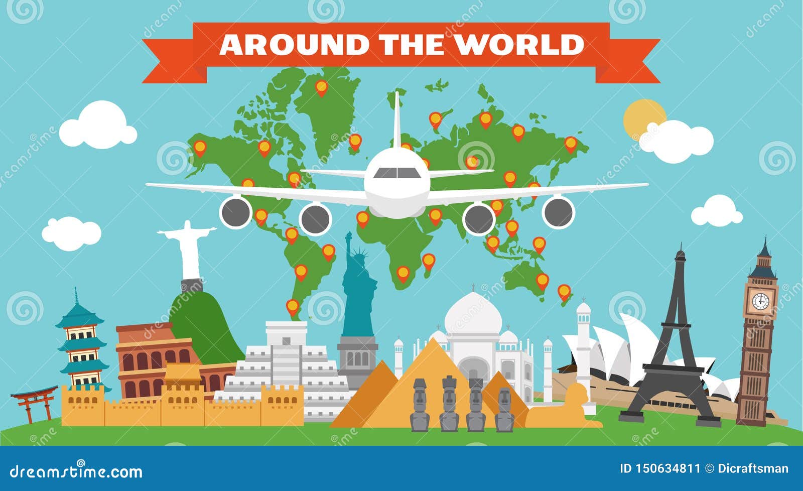 Around the World Flat Design with Plane and Map Land Vector Stock ...