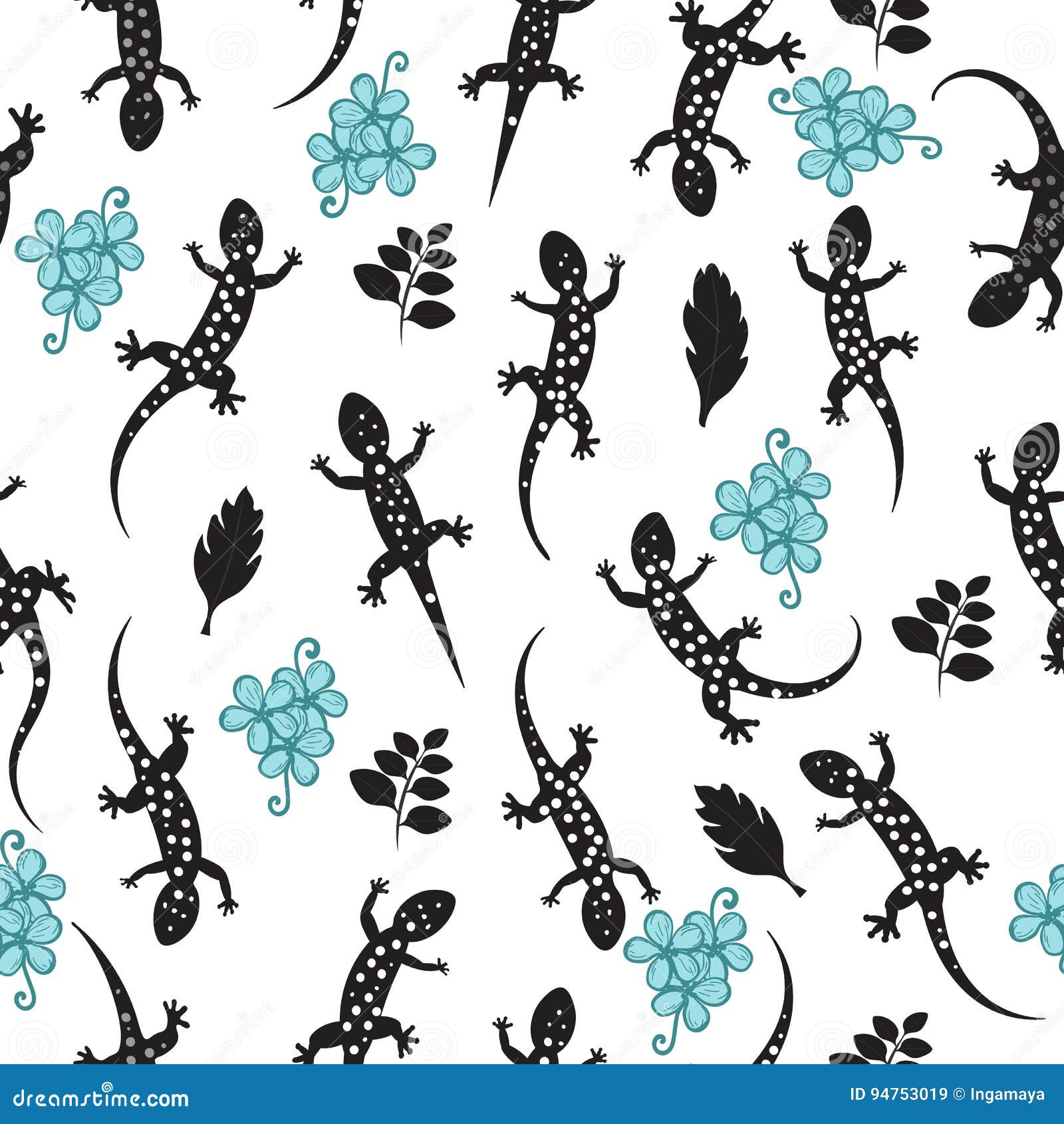 Gecko Seamless Pattern Black On A White Background. Cartoon Vector ...