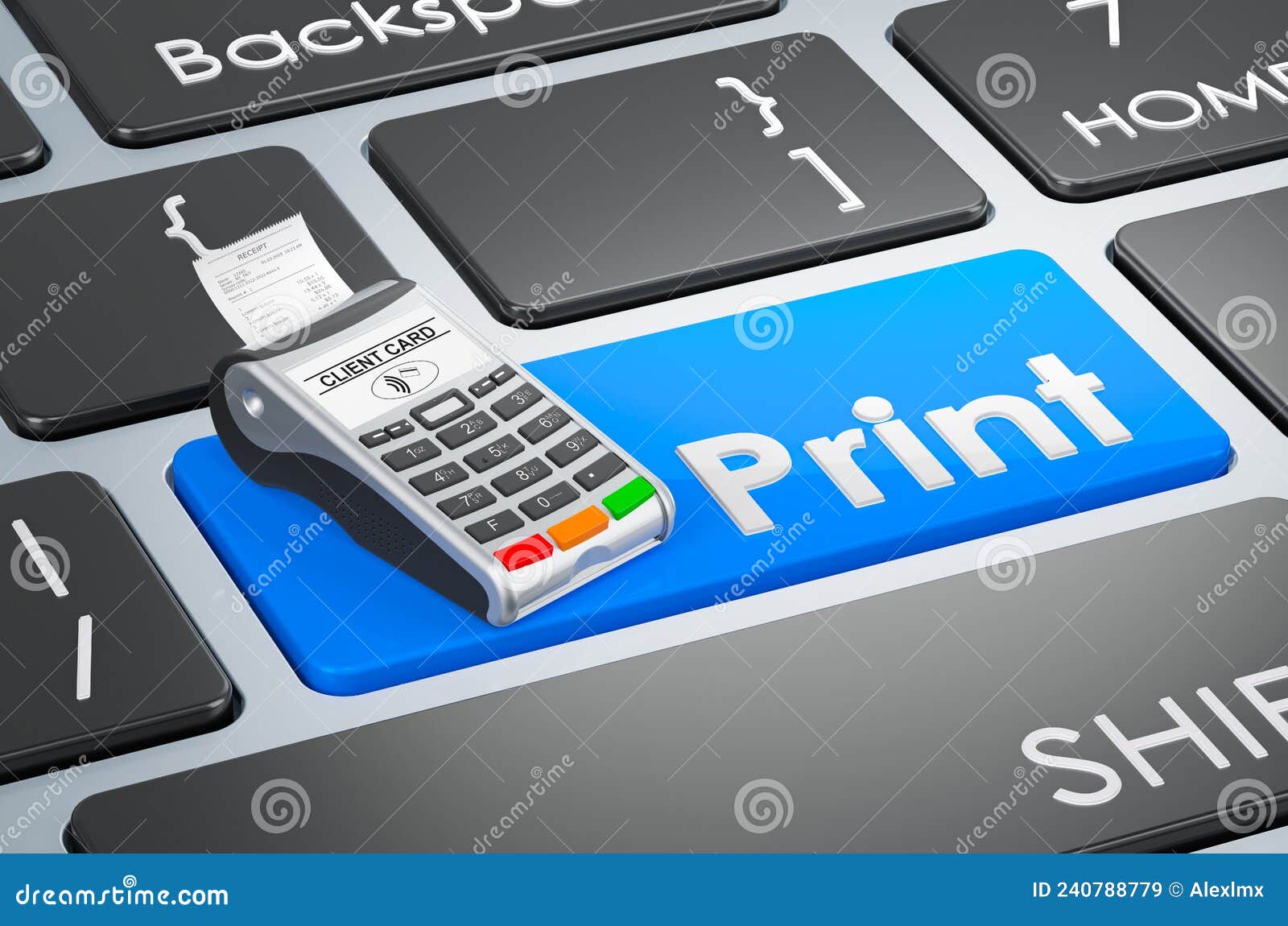 Print Blue Key. POS Terminal on Keyboard. 3D Rendering Stock ...