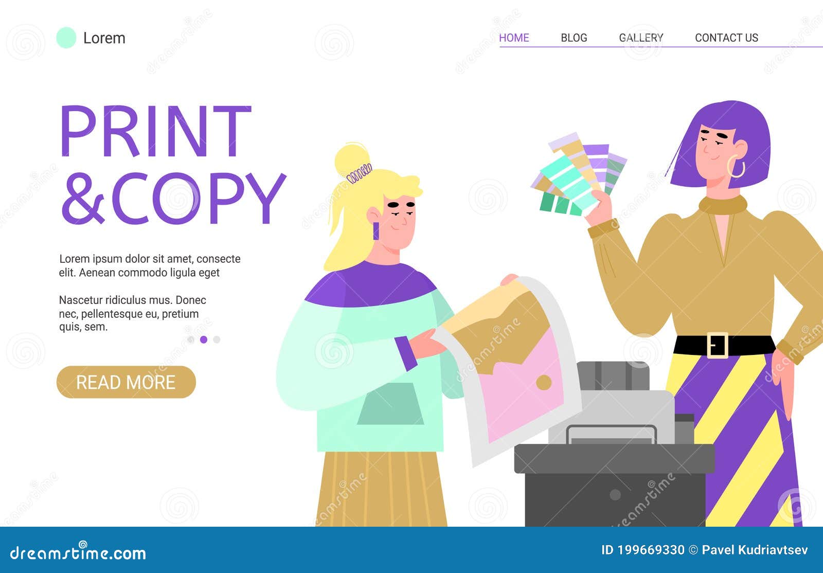 Print and Copy Service Website with Cartoon Characters Flat Vector ...