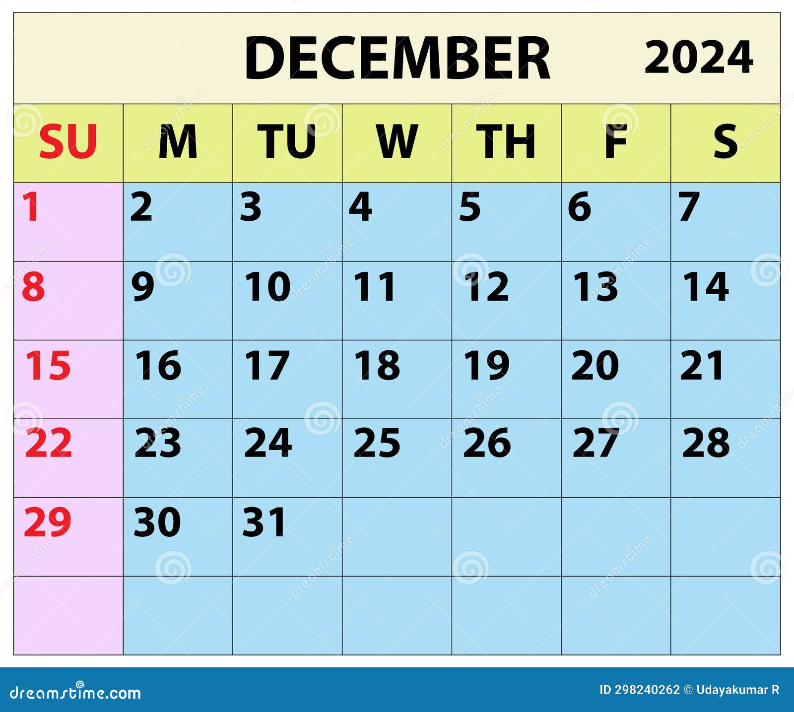 2024 December Month Calendar Color Vector Illustrator Calendar Design ...