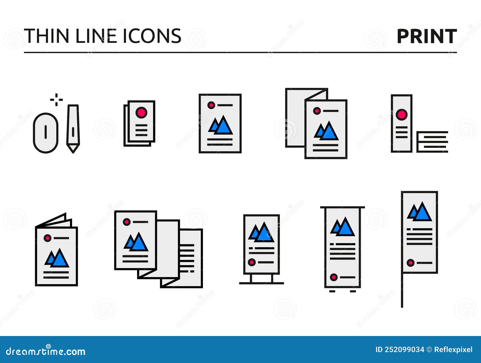 10 Print Element Icons Designed in Thin Line Style, Color Version, Can ...