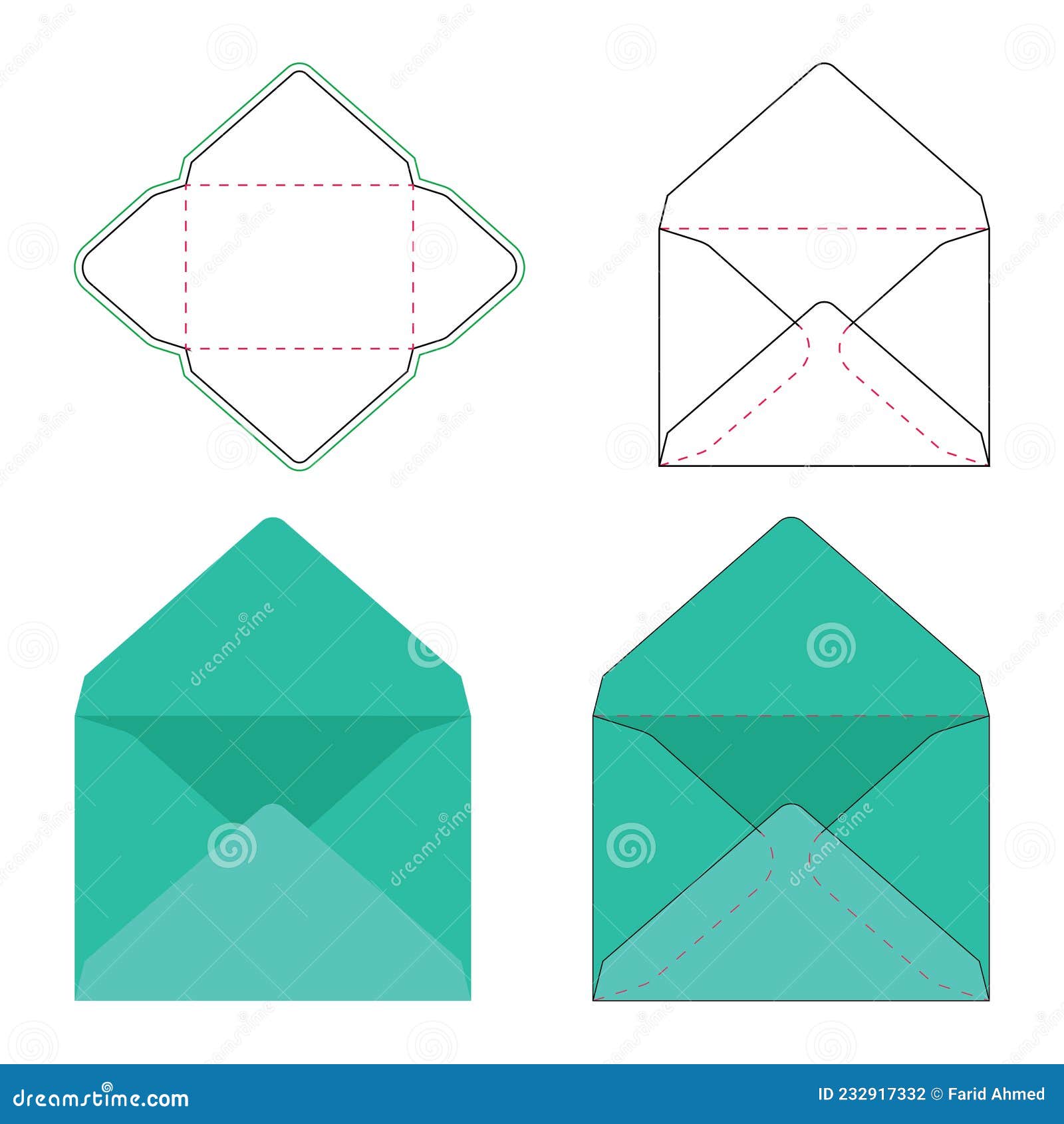 Envelope Dieline Template and Perspective 3D View or Render Vector File ...