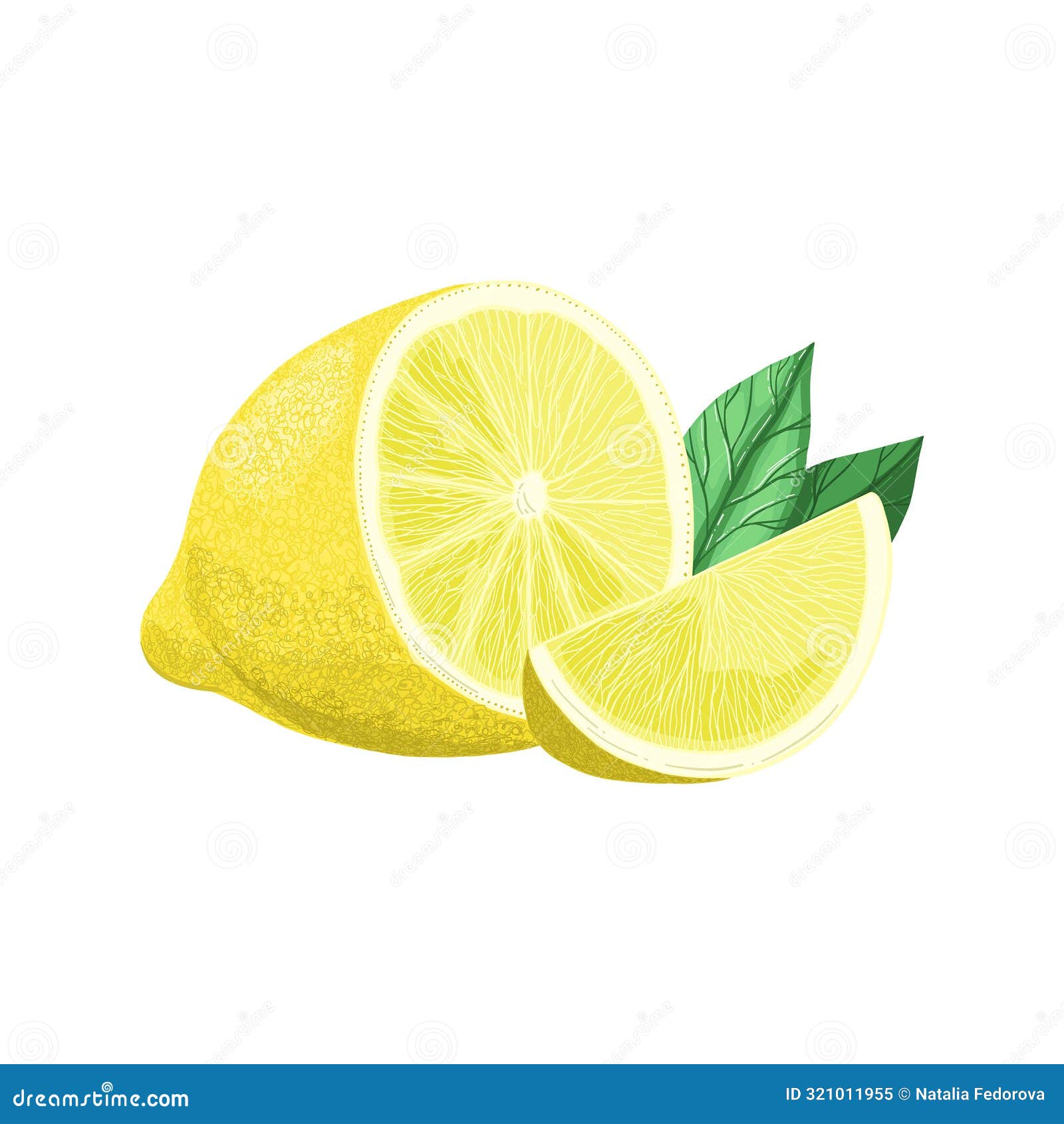 Fresh Lemon. Half of Lemon and Lemon Slice with Leaves. Juicy Vector ...