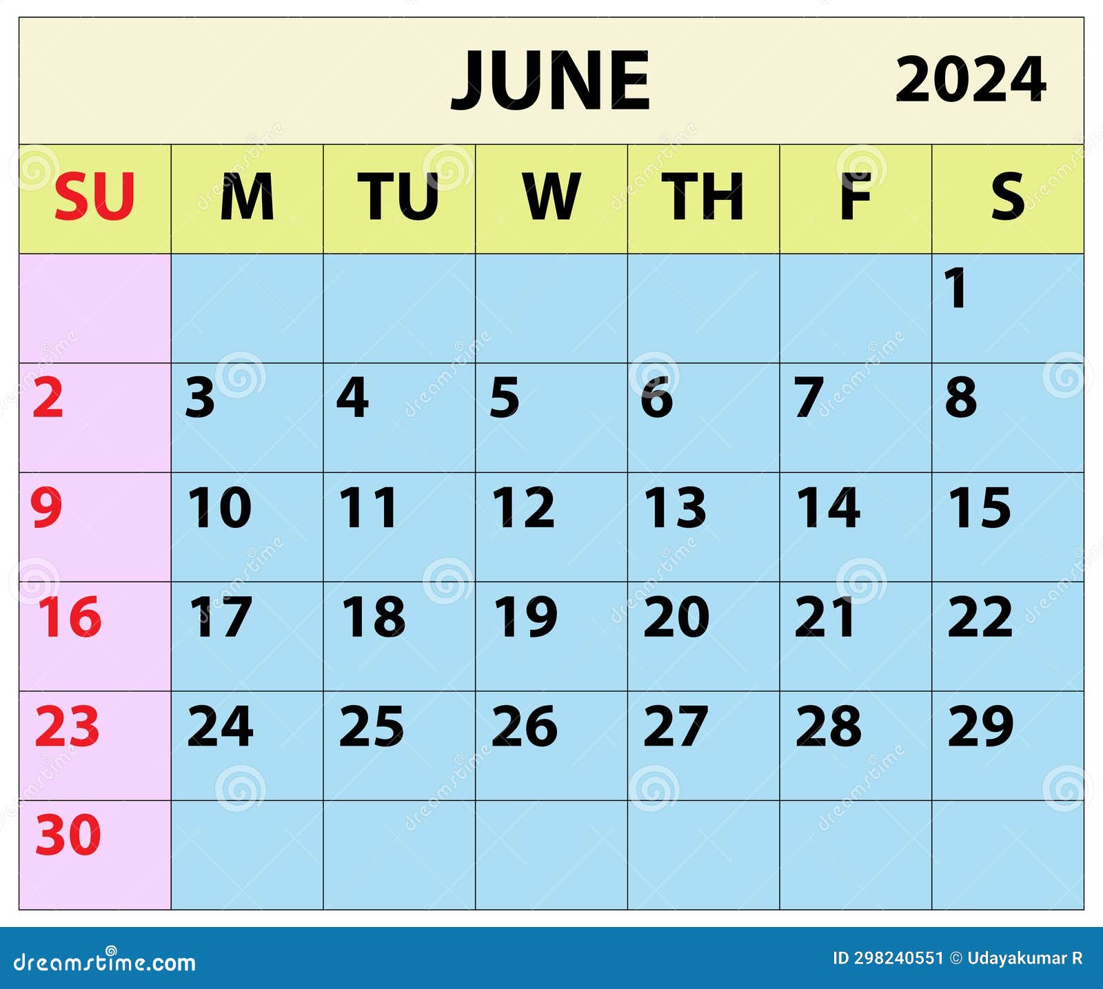 Print2024 June Month Calendar Color Vector Illustrator Calendar Design ...