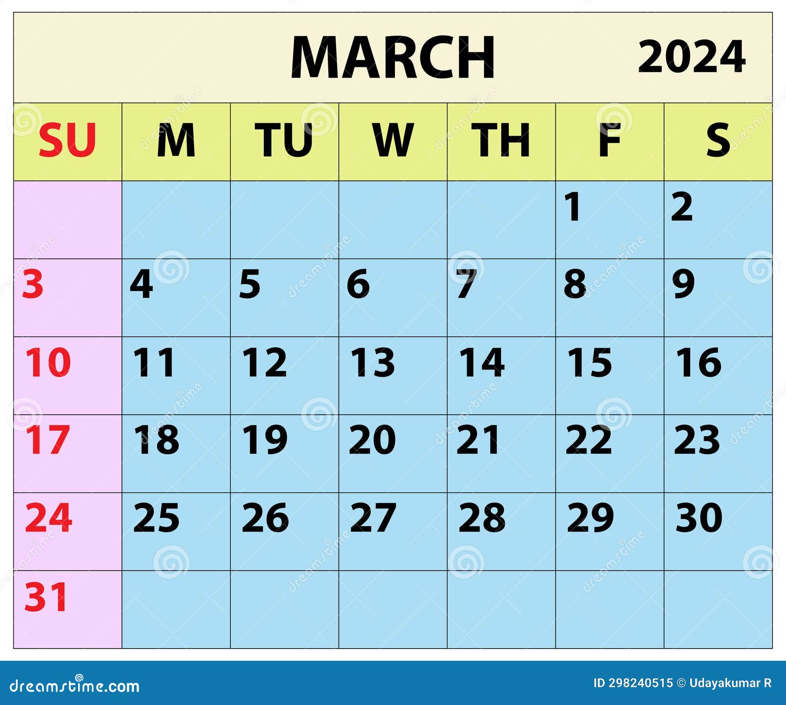 2024 March Month Calendar Color Vector Illustrator Calendar Design ...