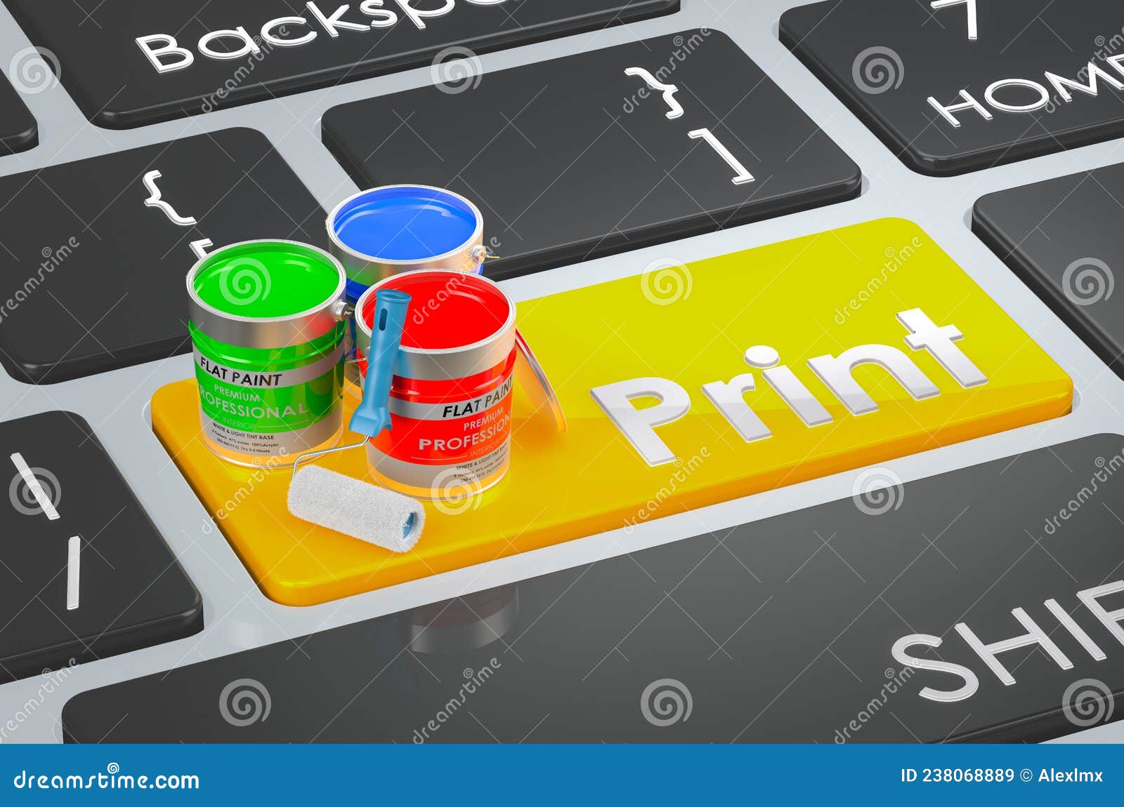 Print Orange Key. RGB Paint Cans on Keyboard. 3D Rendering Stock ...
