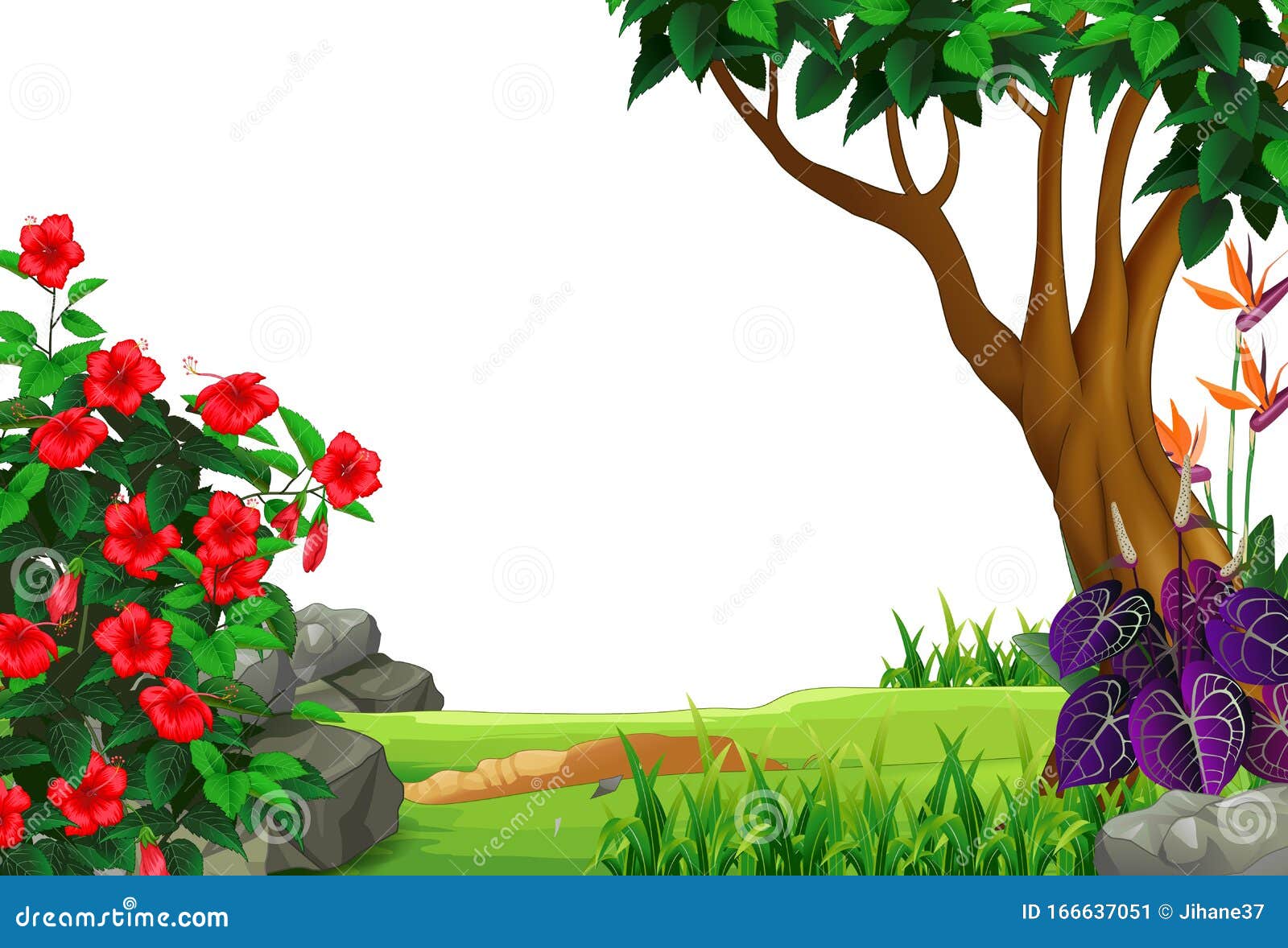 Landscape View with Trees, Grass, and Flower Cartoon Stock Illustration ...