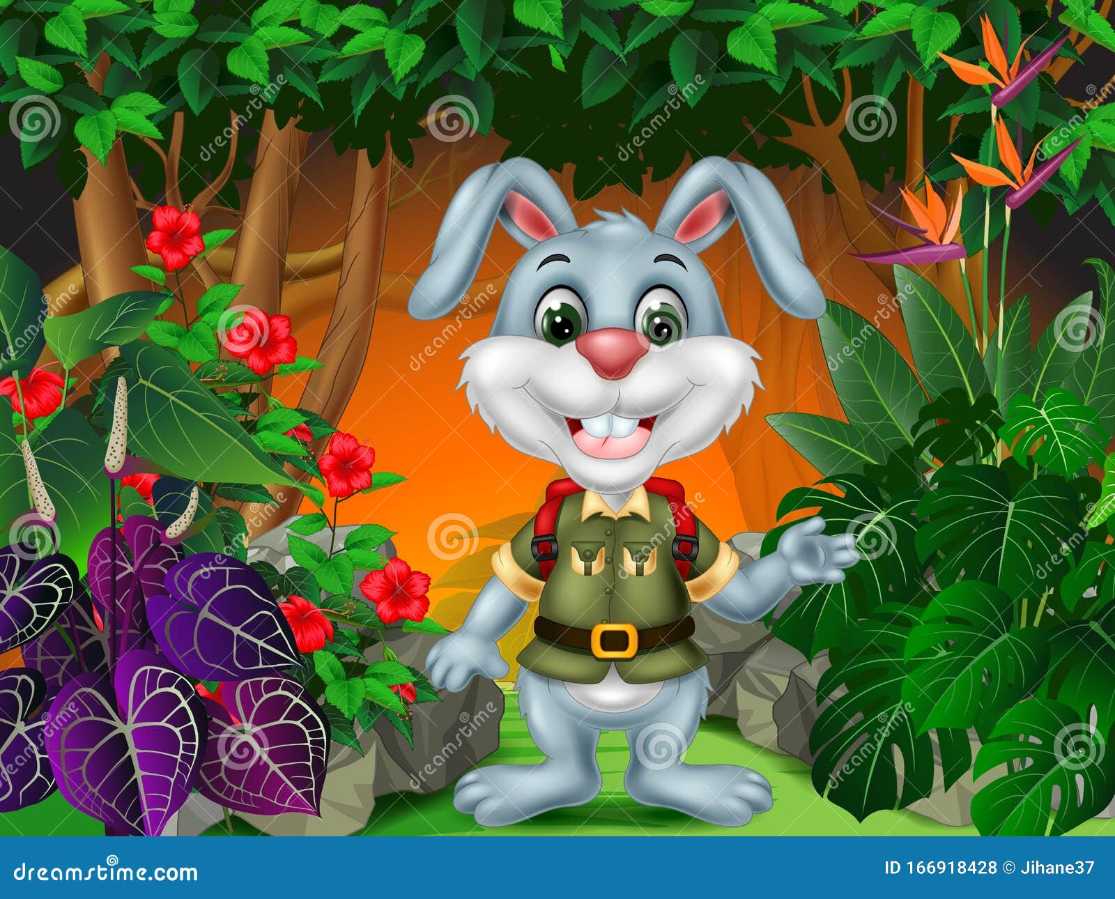 Funny Rabbit in the Forest with Tropical Plant Cartoon Stock ...