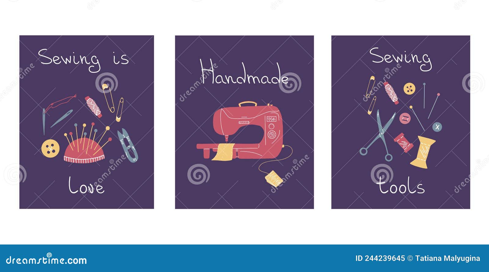 Set of Posters with Sewing Tools and Lettering on Purple Background ...