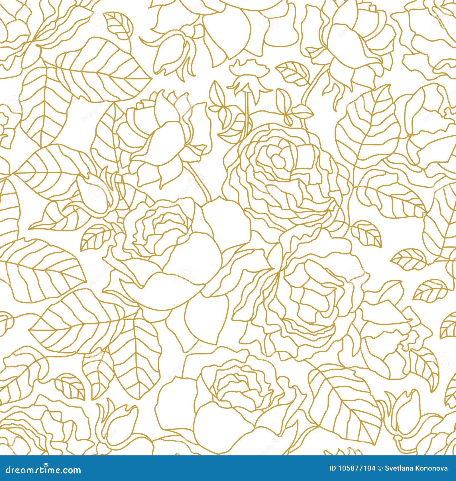 White and Golden Linear Pattern with Blooming Roses and Leaves ...