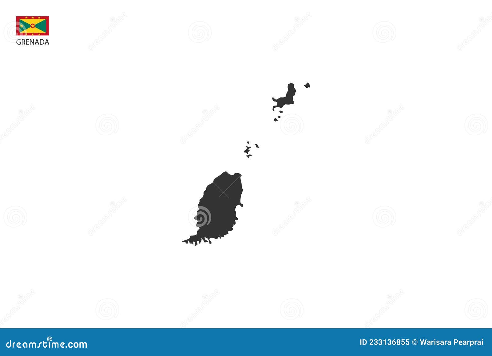 Grenada Black Shadow Map Vector on White Background and Country Flag ...