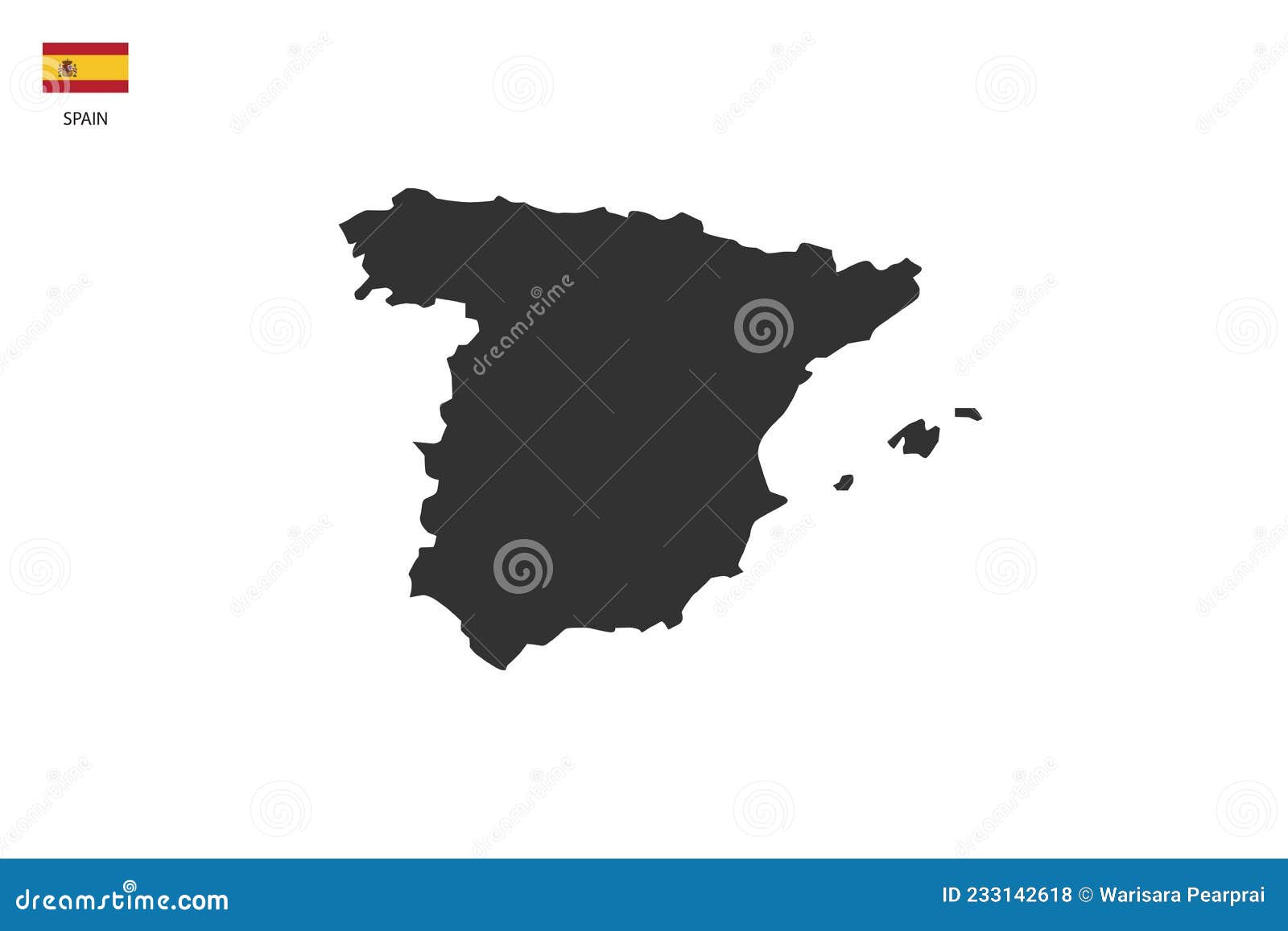 Spain Black Shadow Map Vector on White Background and Country Flag Icon ...