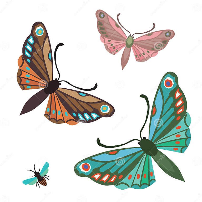 Three Multi-colored Stylized Decorative Moths Isolated on a White ...