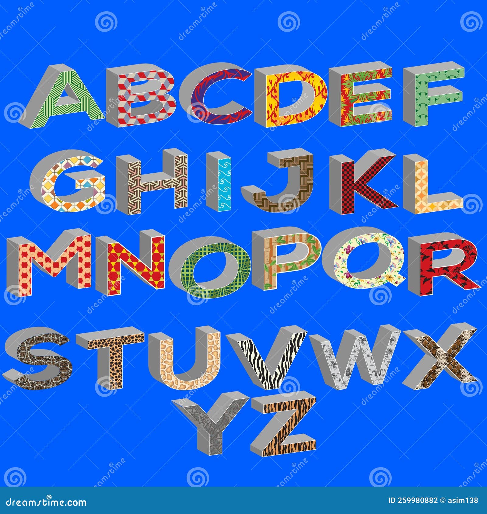 Vector Illustration Set of Alphabet 3d Letters with Patterns Isolated ...