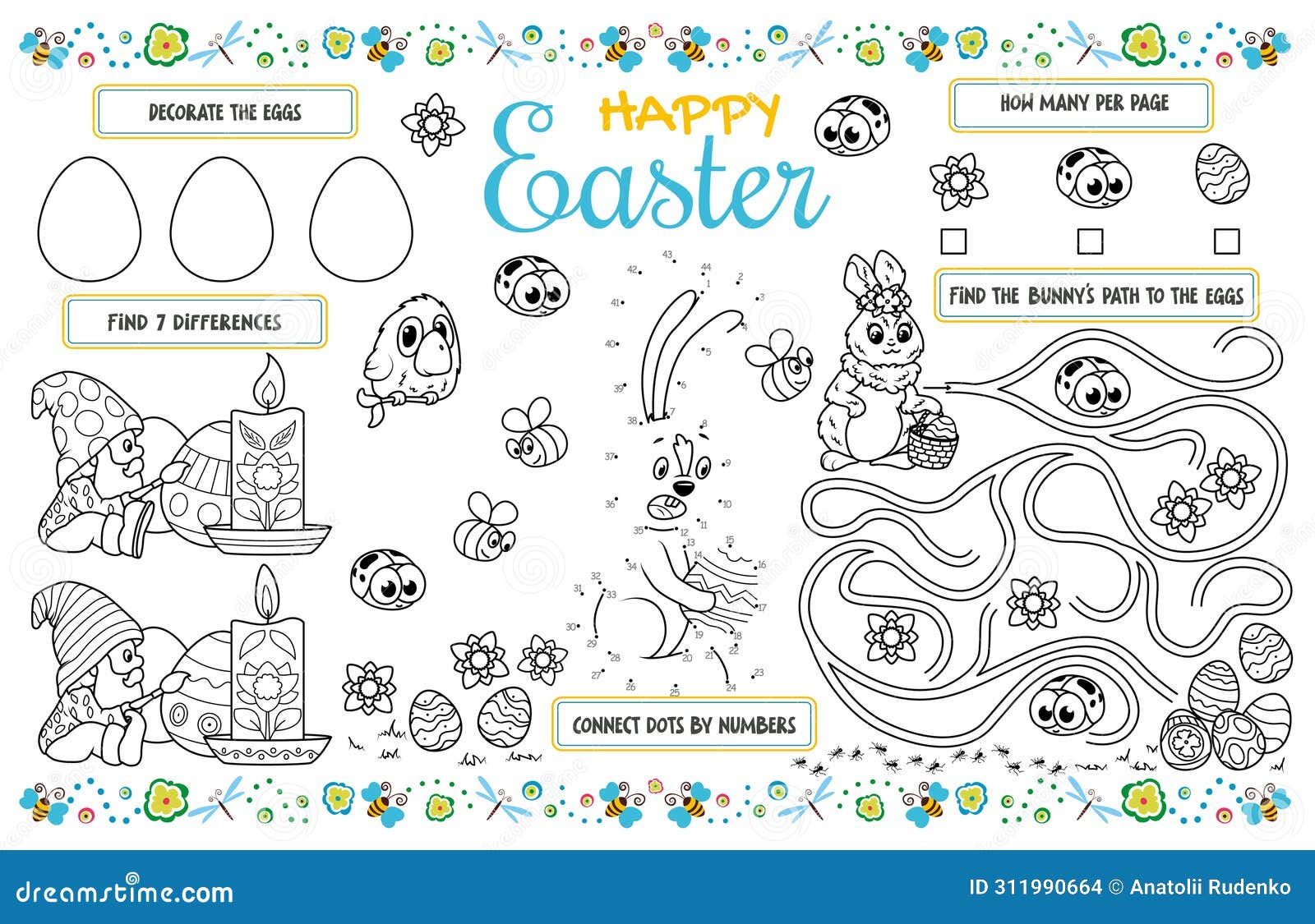 Printable Activity Sheet "Happy Easter" with a Labyrinth, Connect the ...