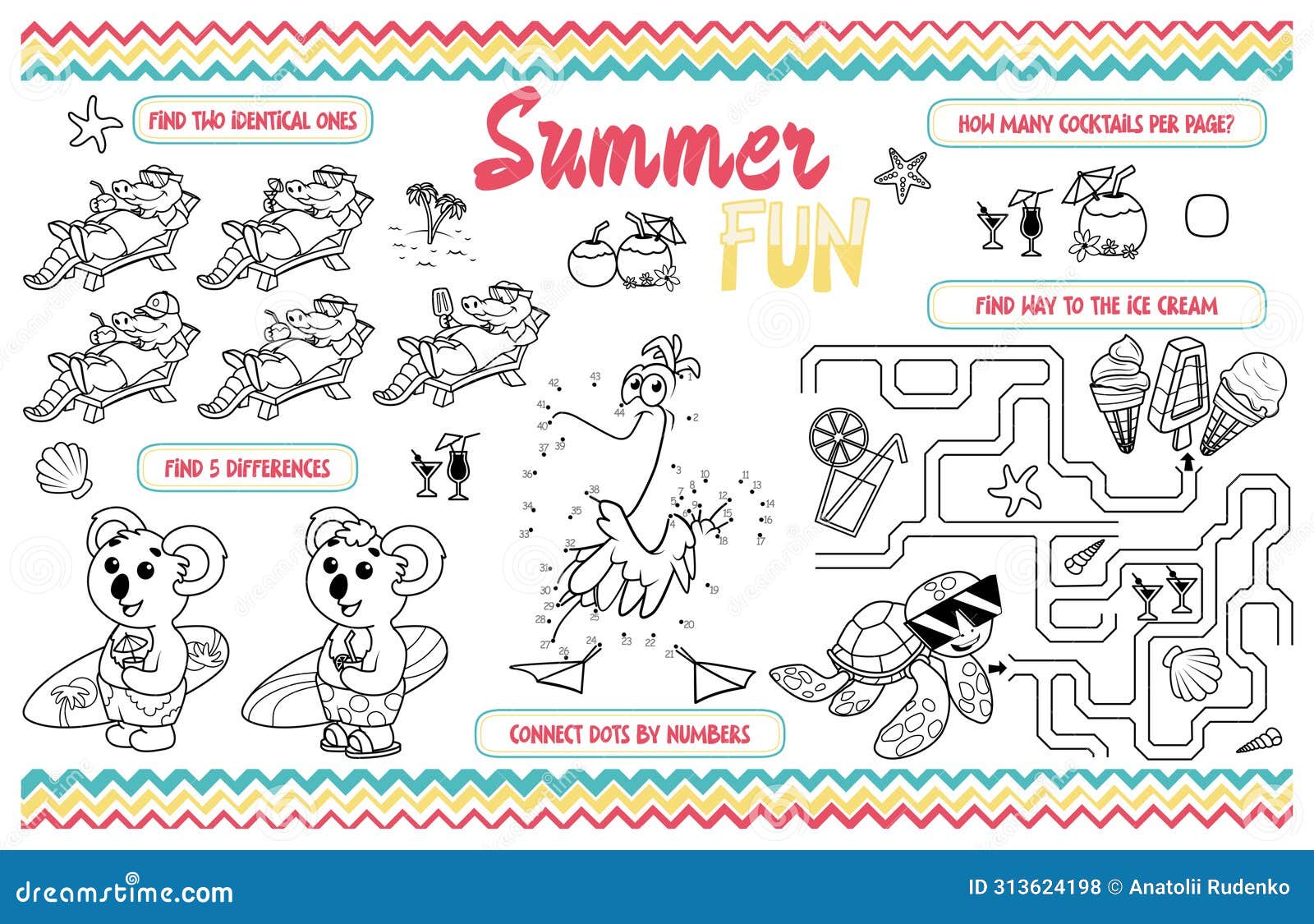 Printable Activity Sheet "Summer Fun" with a Labyrinth, Connect the ...