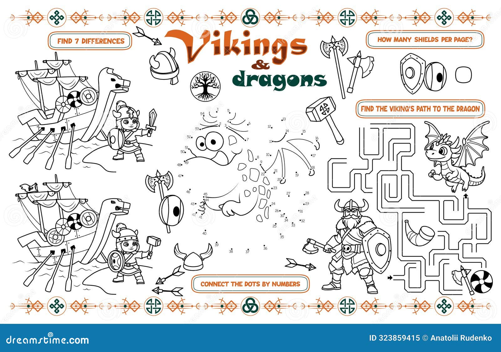 Printable Activity Sheet "Vikings and Dragons" with a Labyrinth ...