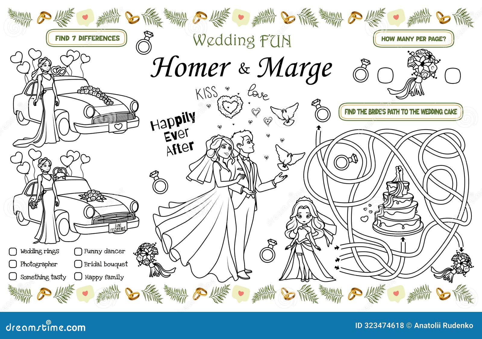 Printable Activity Sheet "Wedding Fun" with a Labyrinth and Find the ...