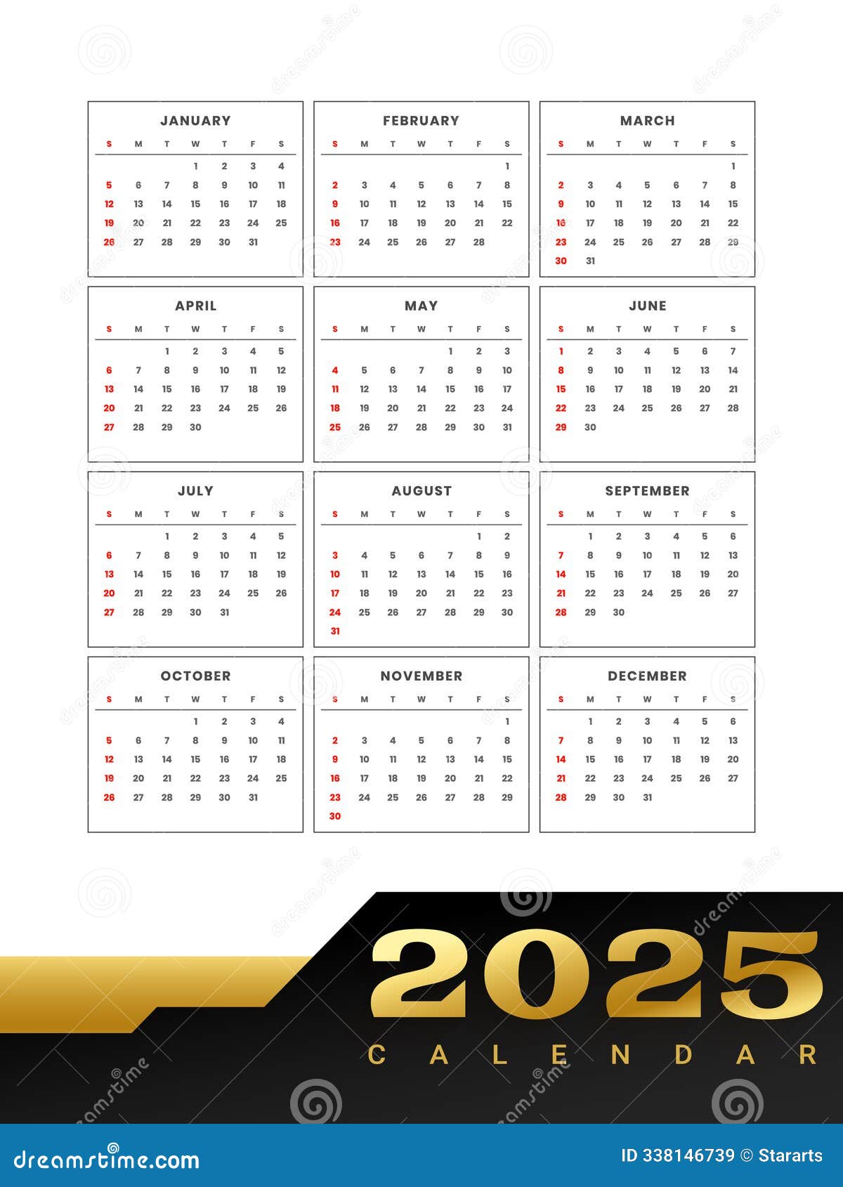 Printable 2025 Annual Calendar Layout in Black Golden Color Stock ...
