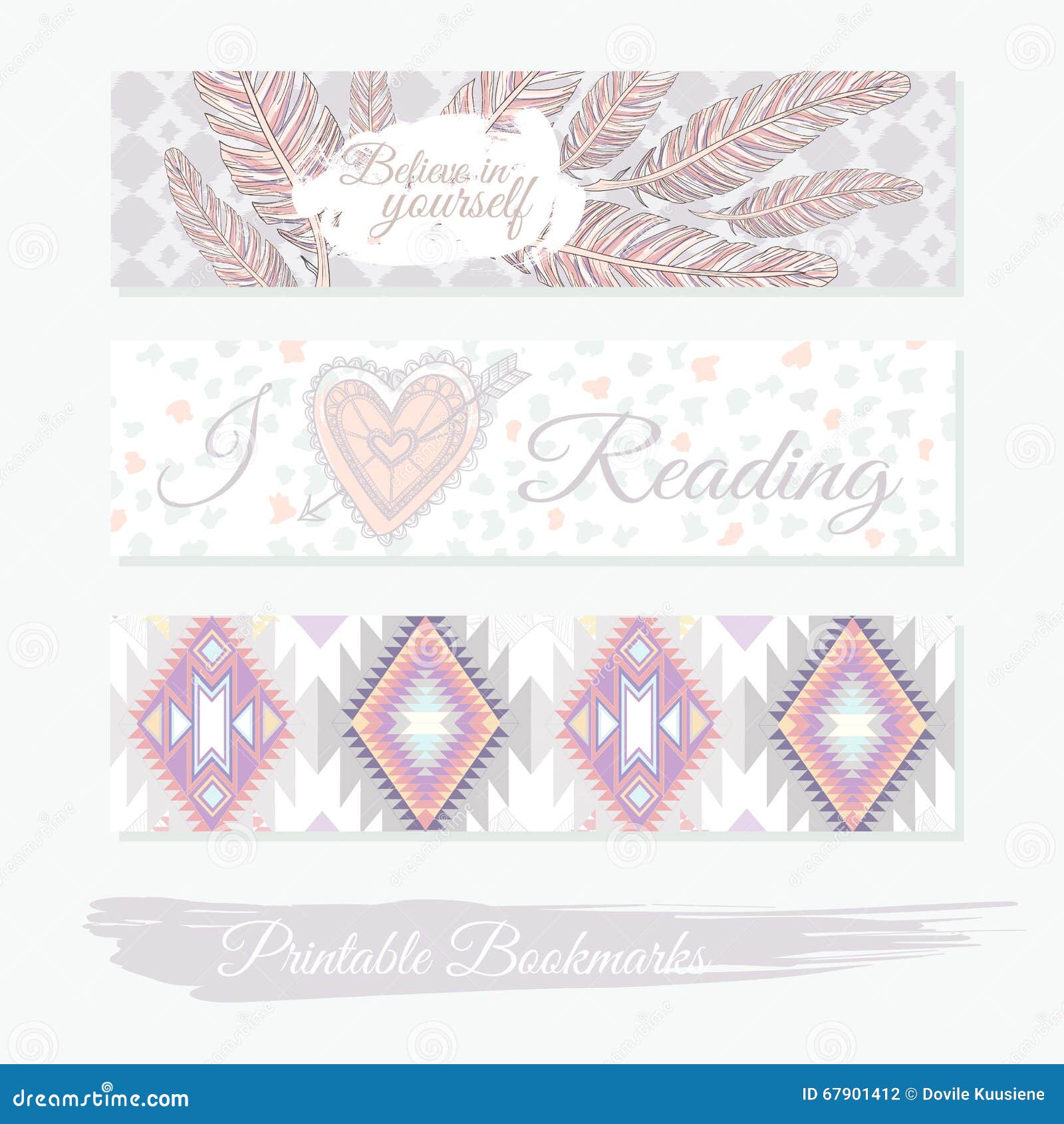 Printable Bookmarks With Feathers, Aztec Pattern And Heart Vector ...