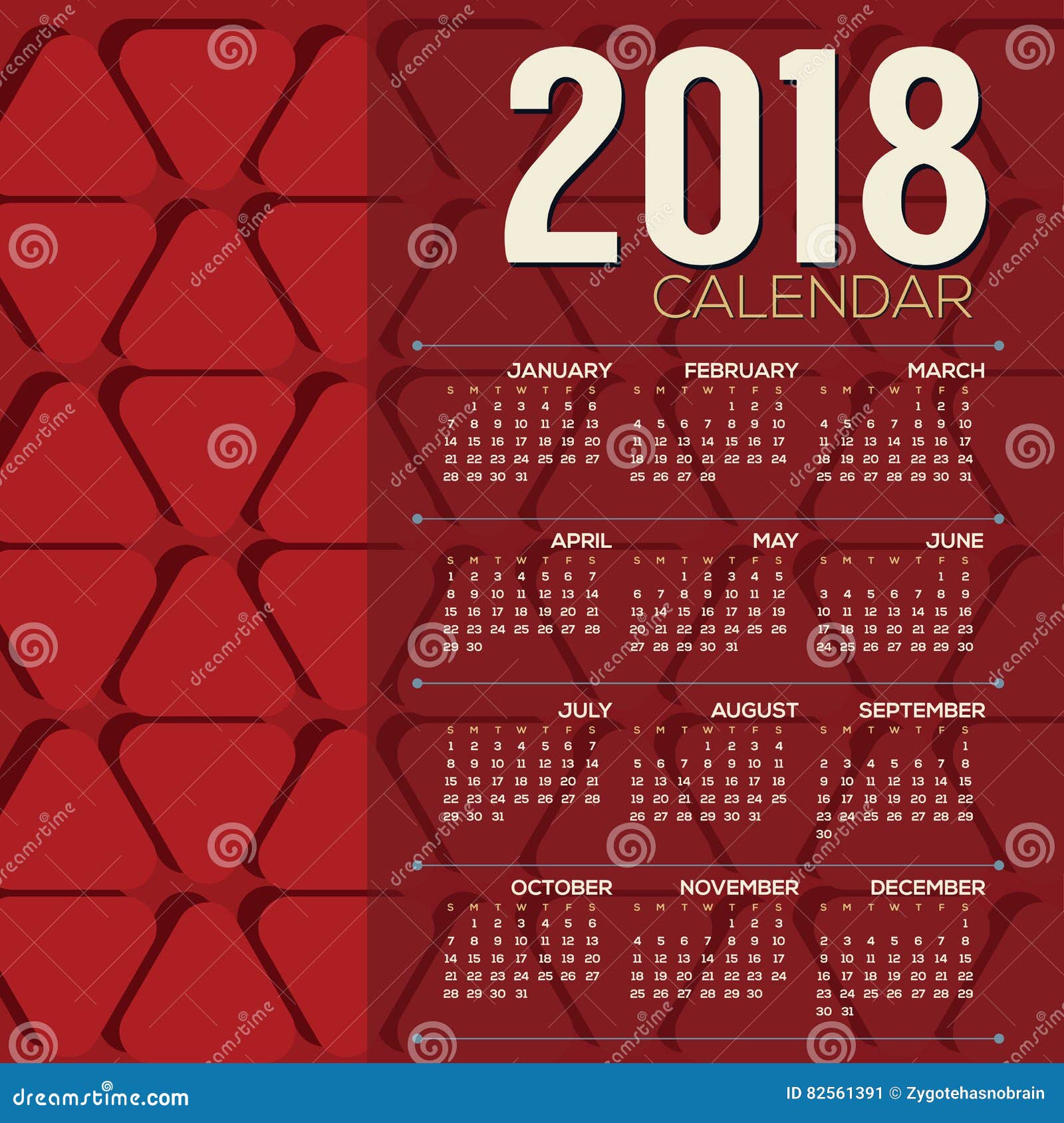 2018 Printable Calendar Starts Sunday Red Graphic Pattern Stock Vector ...