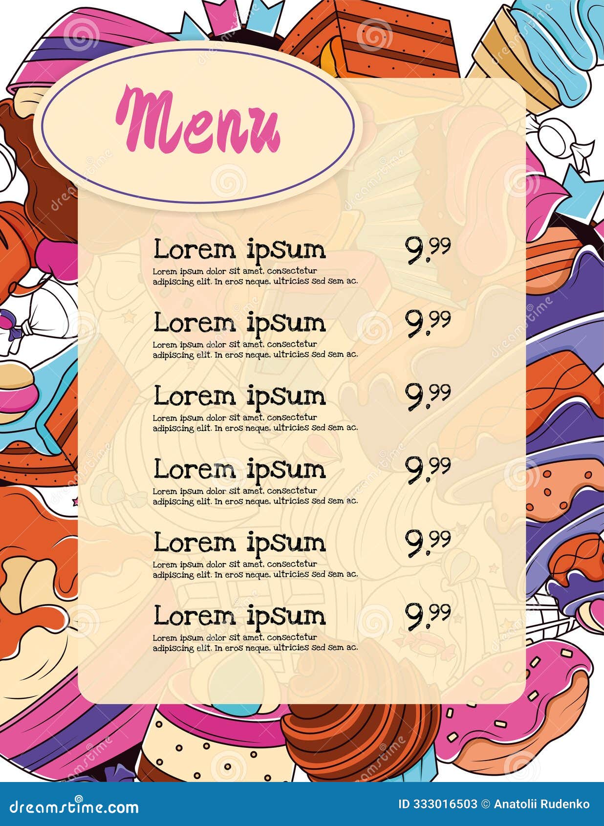 Printable Dessert Menu Template for Cafes and Bakeries. Stock Vector ...