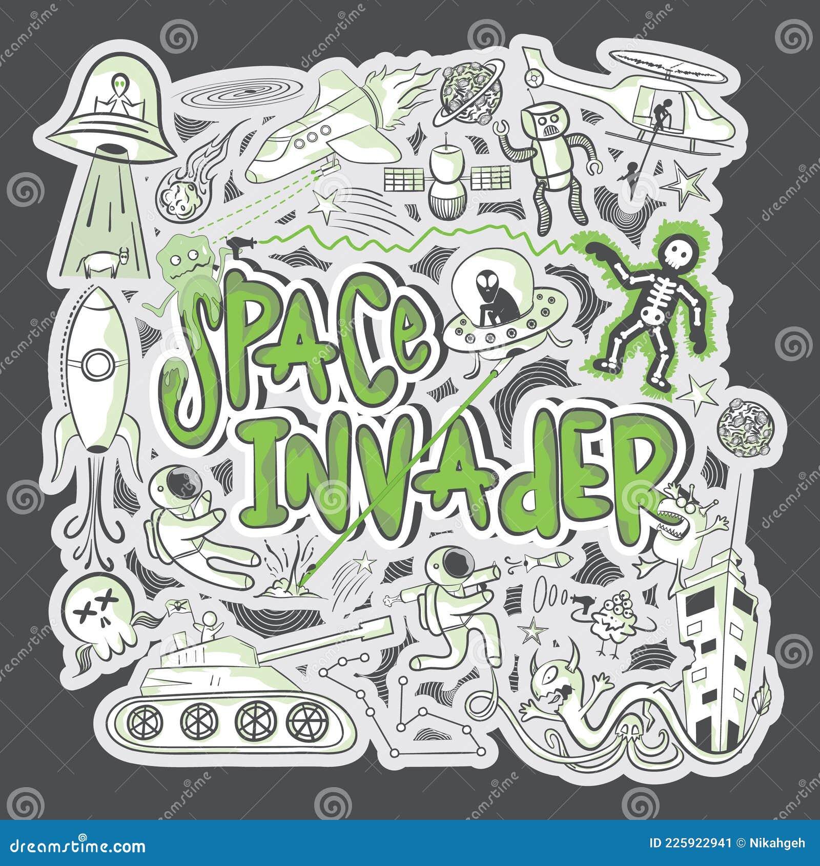 Printable Doodle Space Invaders Cartoon Vector | CartoonDealer.com ...