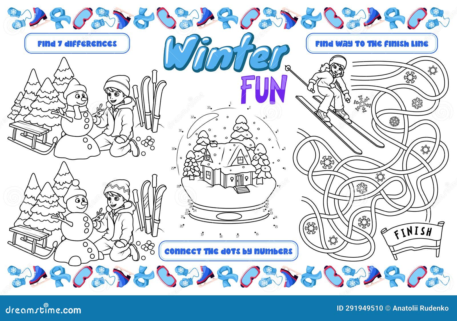 Printable Mat "Winter Fun" with a Labyrinth, Connect the Dots, and Find ...