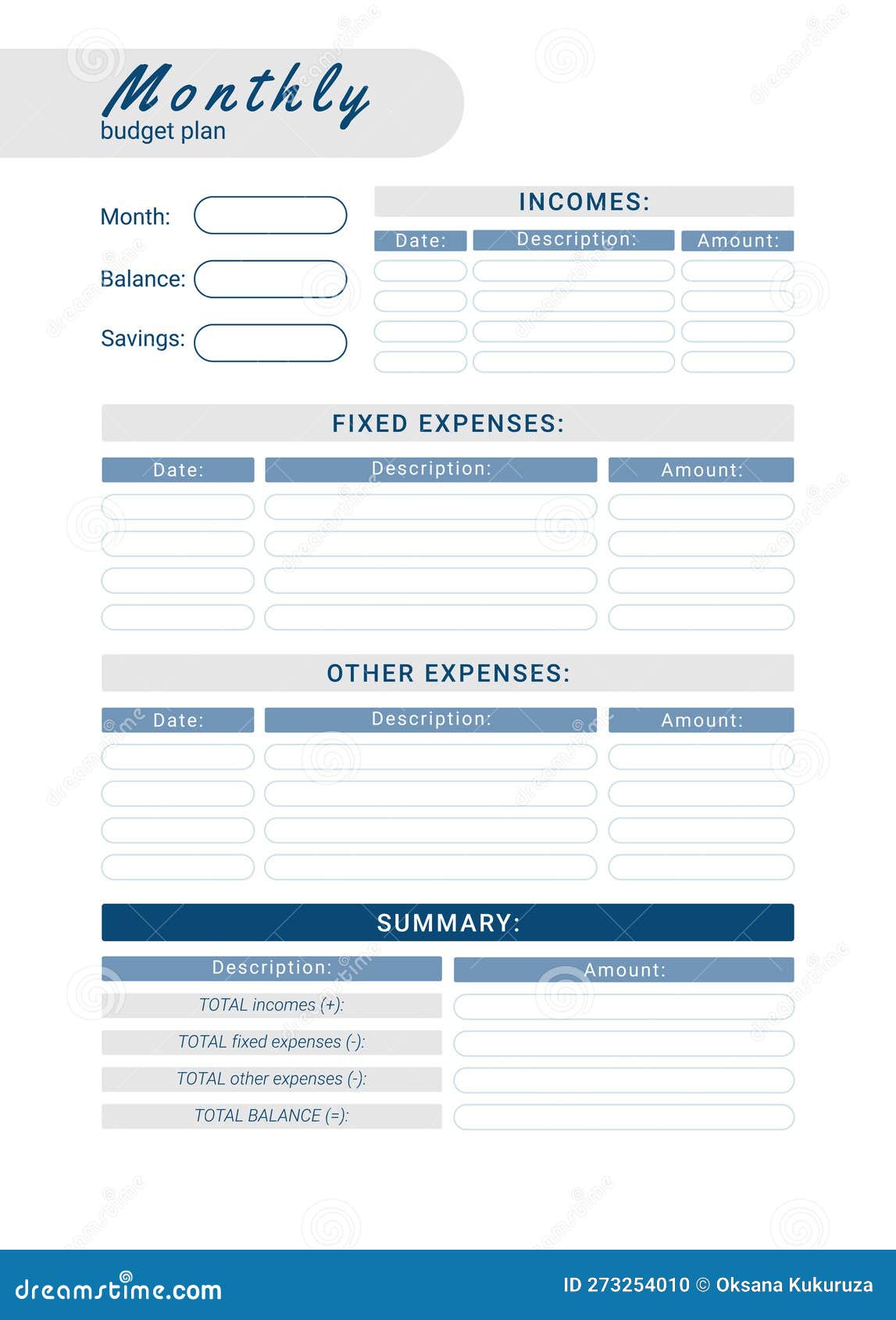 Printable Personal Monthly Budget Planner, Vector Illustration. Stock ...