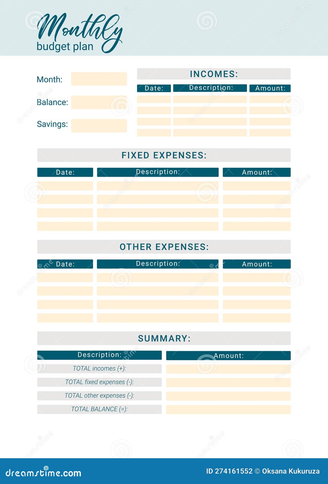Printable Personal Monthly Budget Planner, Vector Illustration. Stock ...